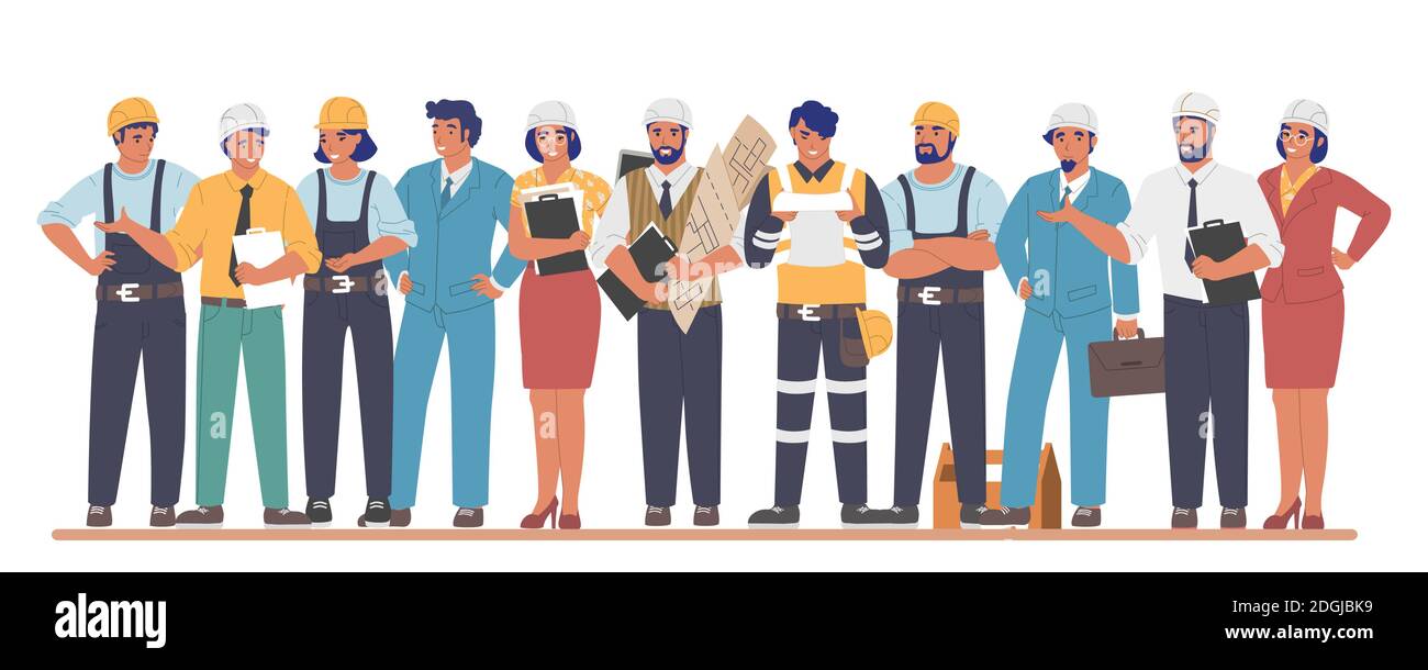 Building workers and engineers cartoon characters, flat vector ...