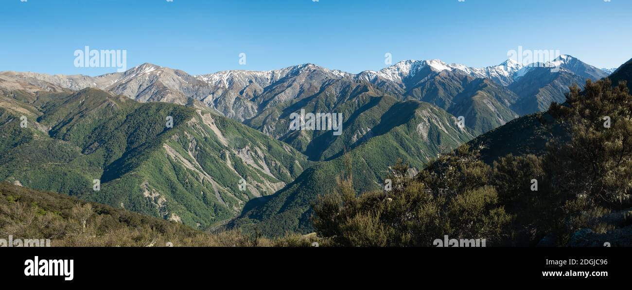 Panorama view of rolling mountain ranges from Mt Fyffe track, Kaikoura ...