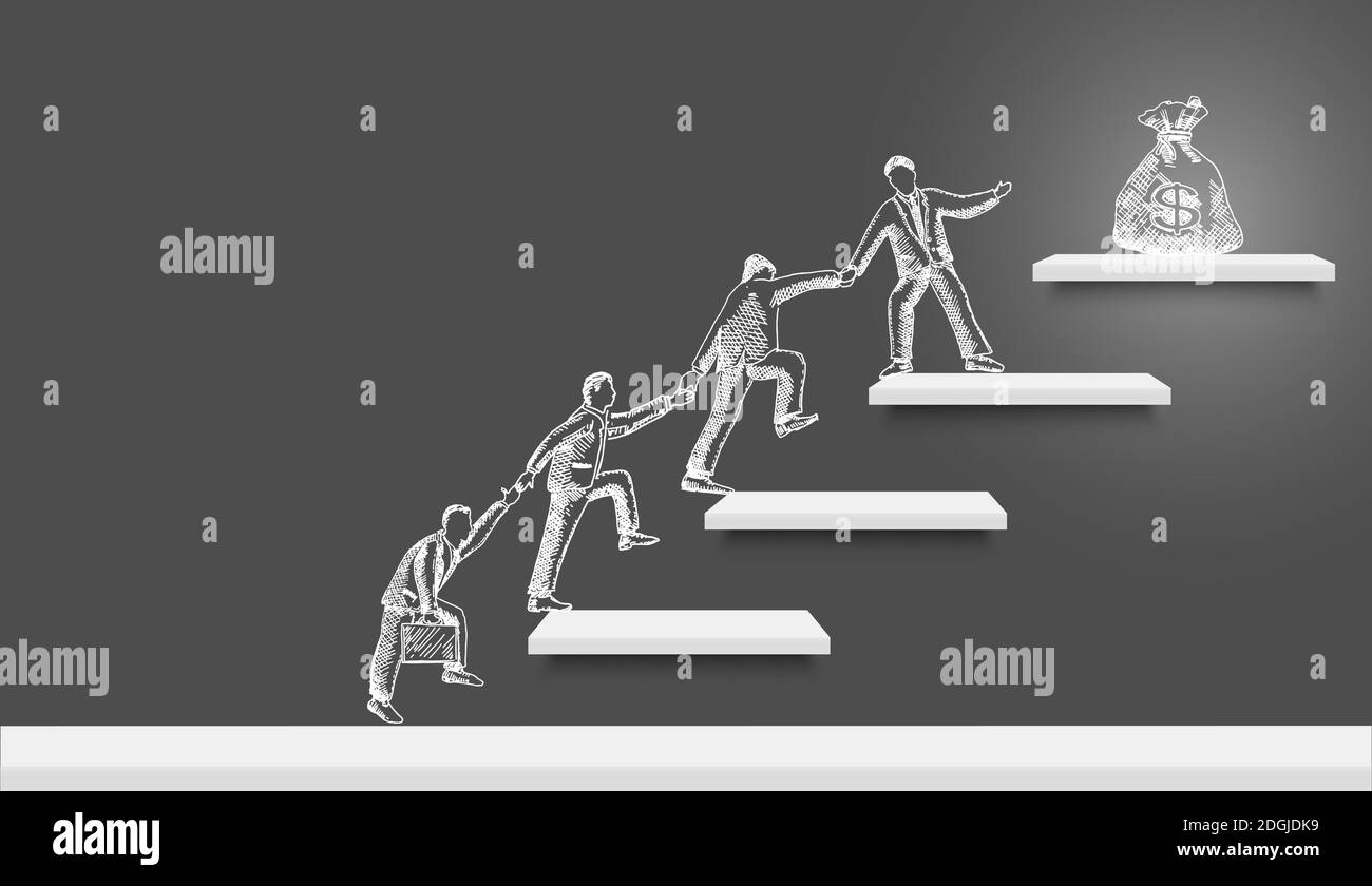 Business people team silhouettes climbing up stairs to money bag on the ...