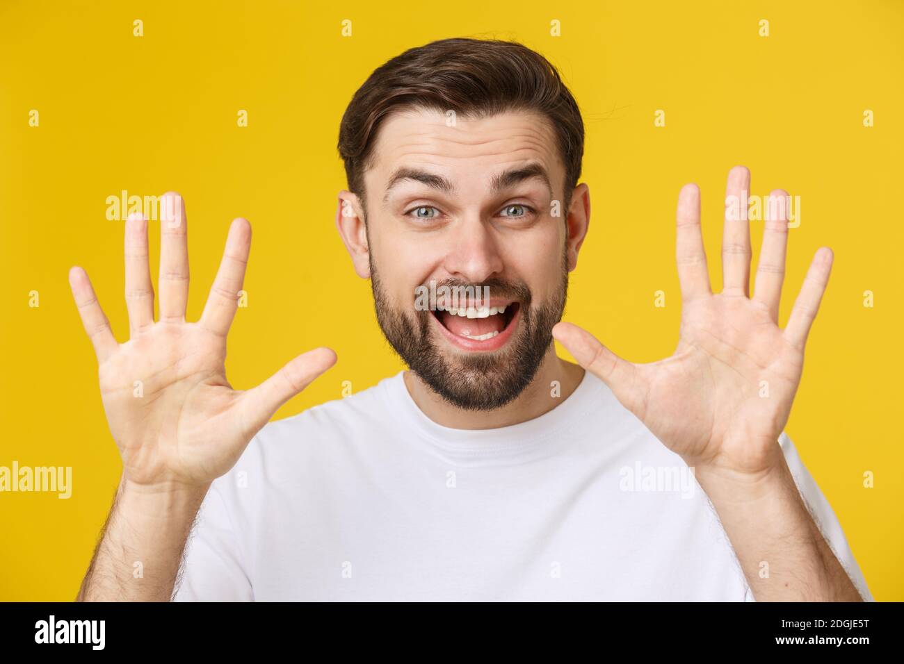 Hi, Hello. Portrait of happy friendly brown-haired man with small beard ...