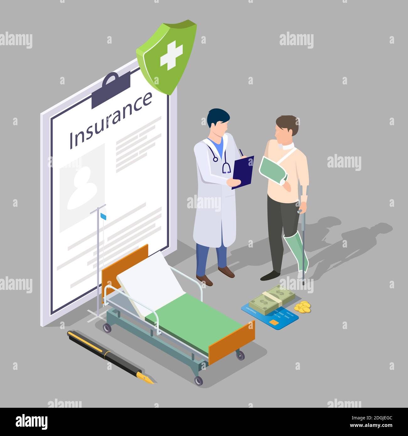 Isometric doctor, patient with broken arm and leg, medical insurance ...