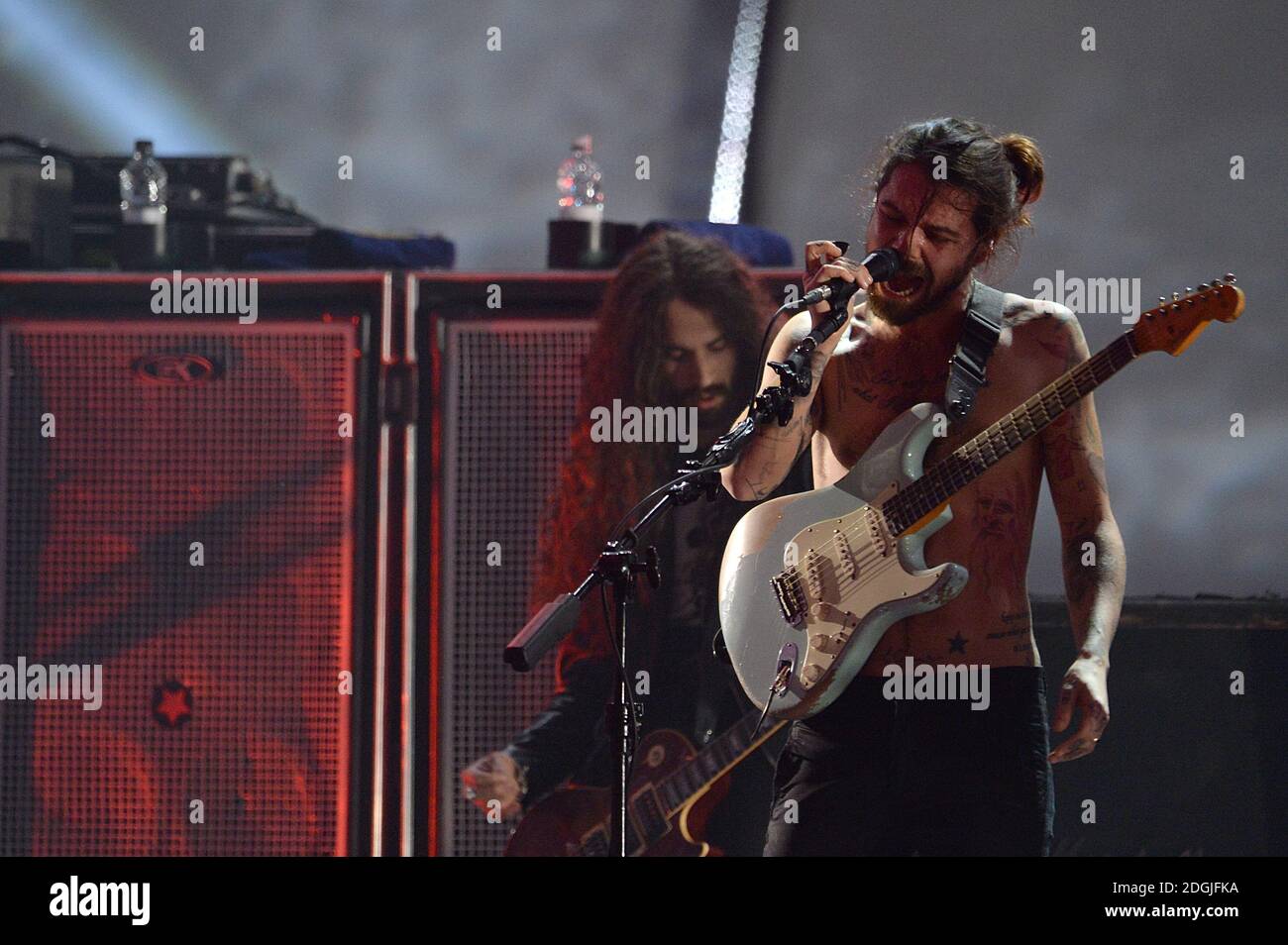 Simon Neil performs during the 2014 MTV Europe Music Awards at The SSE ...