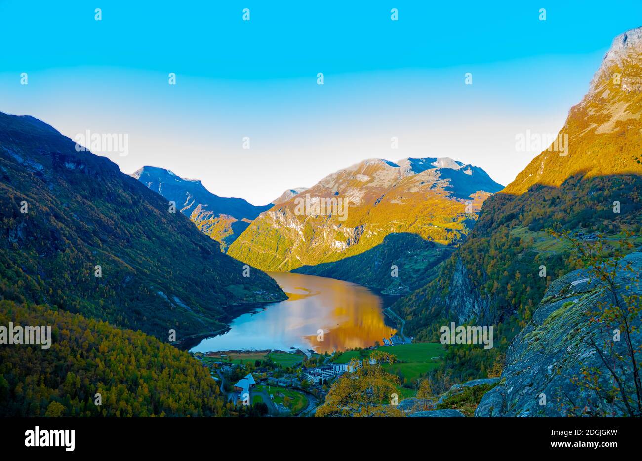 View over the beautiful Geiranger fjord in autumn colors Stock Photo ...