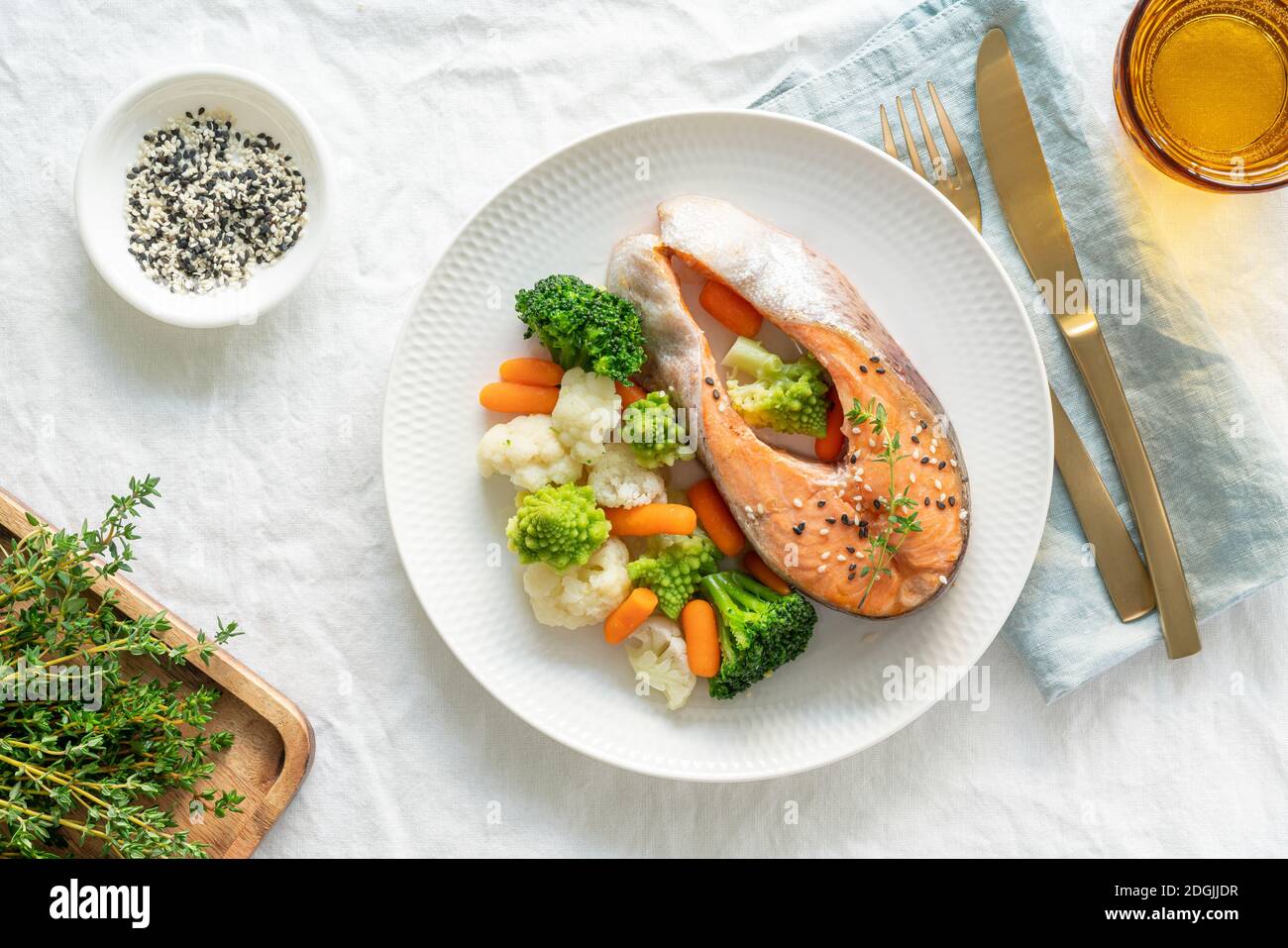 Steam salmon and vegetables, top view. Paleo, keto, fodmap, dash diet ...