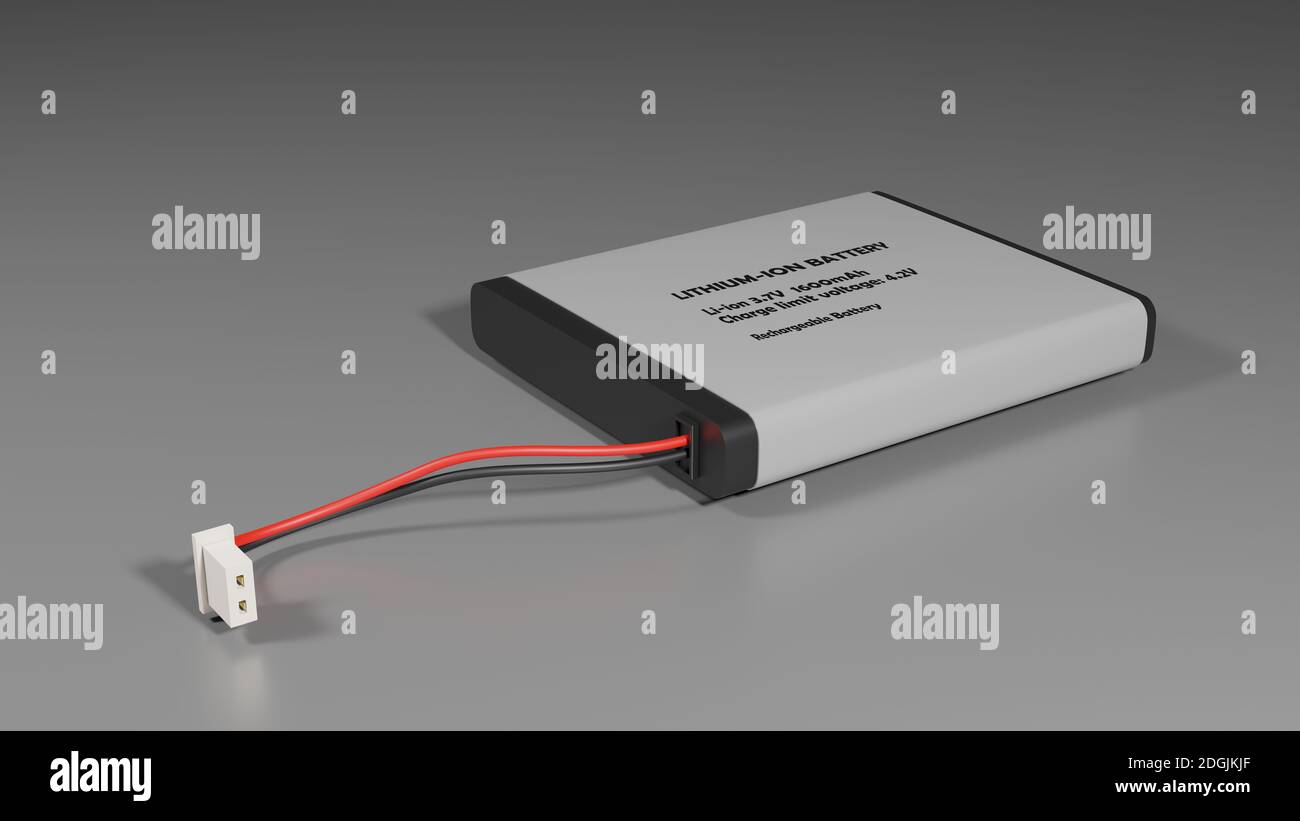 A Lithium Ion Battery lying on a flat surface. 3D rendering ...