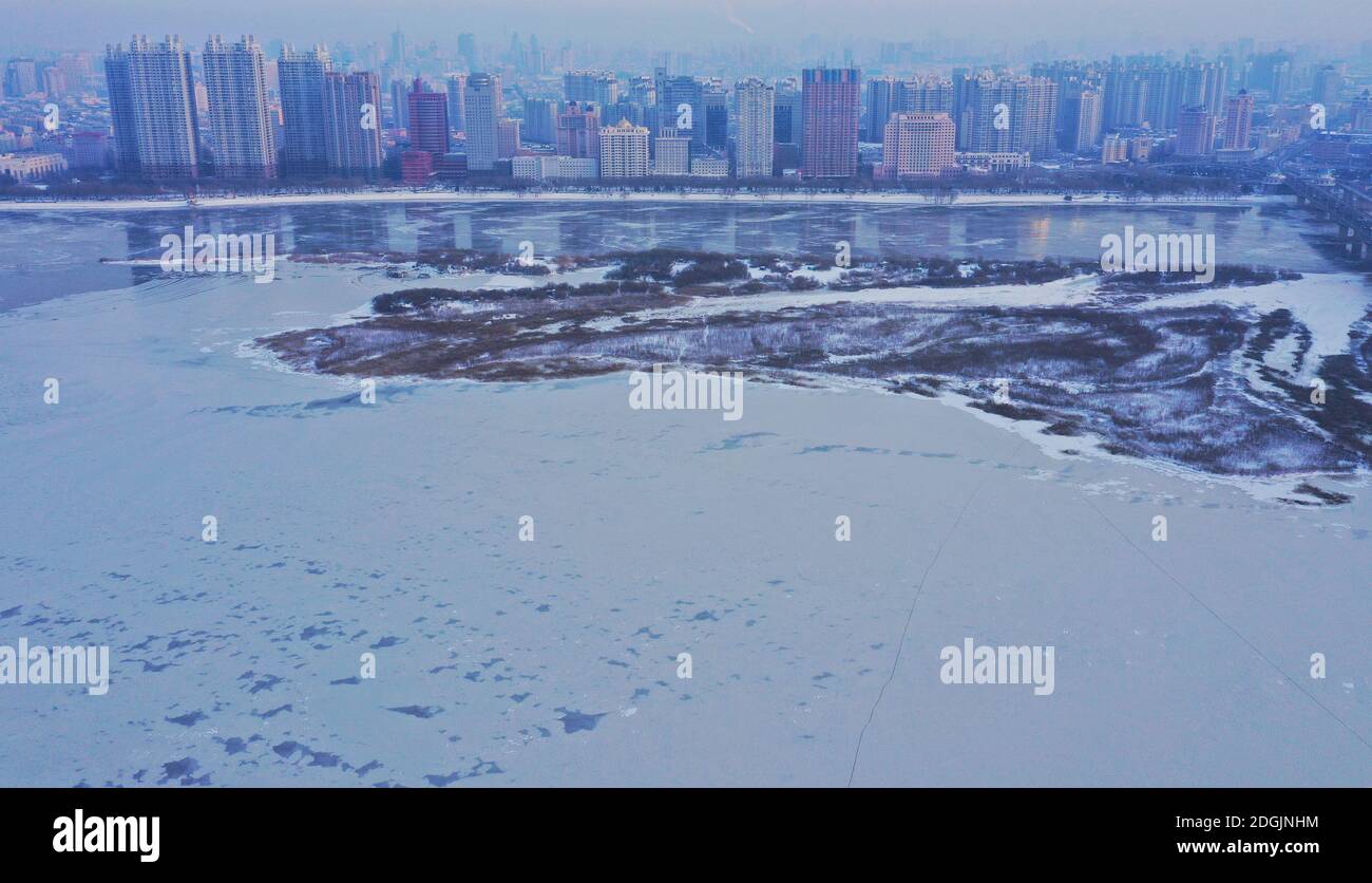 An aerial view of the whole Songhua River freezing, Harbin city ...