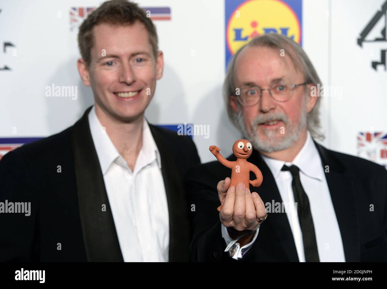 Merlin Crossingham, Morph and Peter Lord arriving at the British Comedy ...
