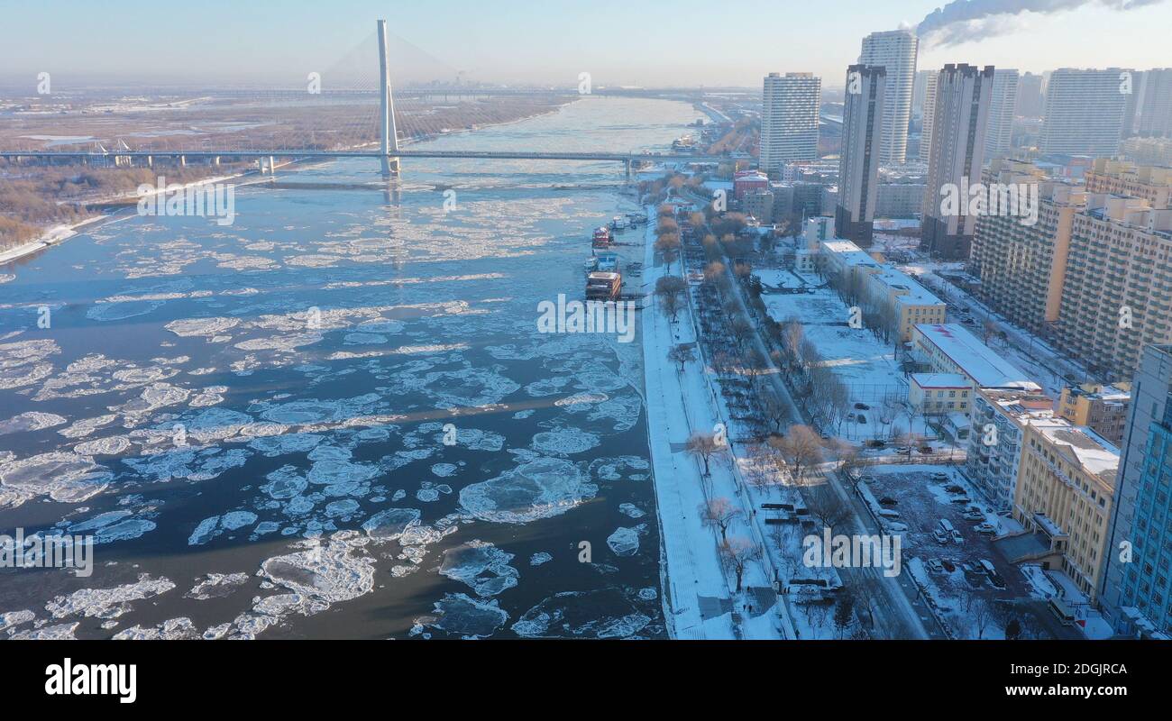 Aerial view of the floating ice on Songhua River in Harbin city ...