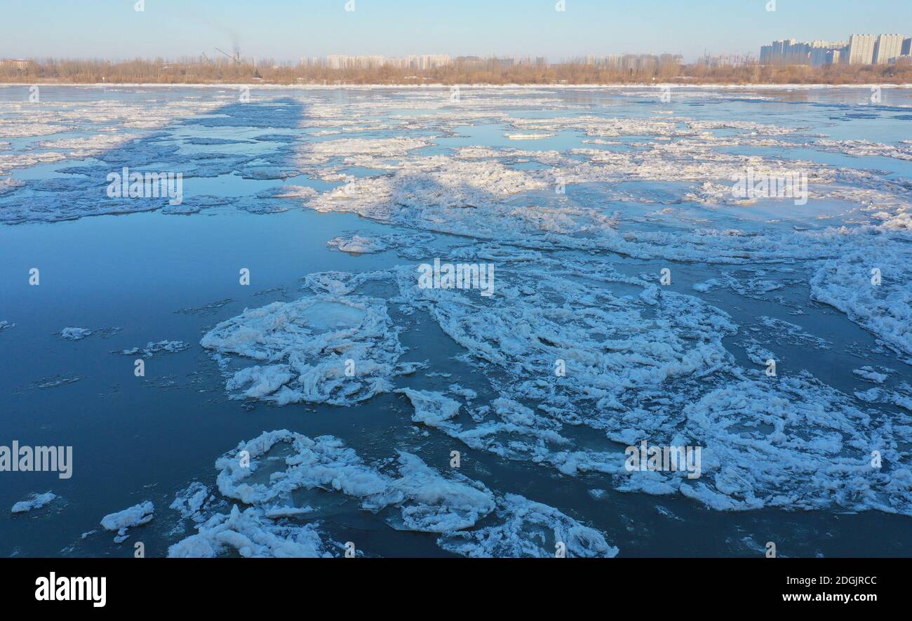 Aerial view of the floating ice on Songhua River in Harbin city ...