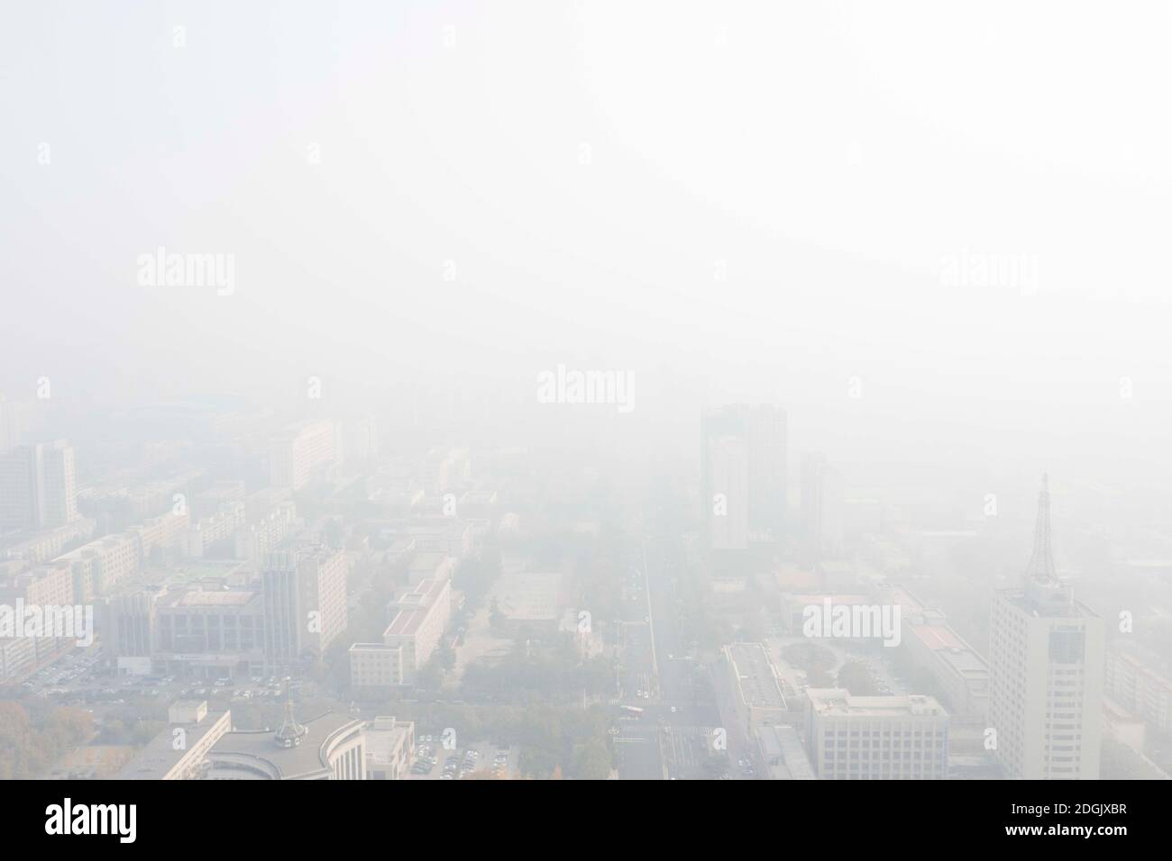 --FILE--An aerial view of buildings at downtown area covered by severe ...