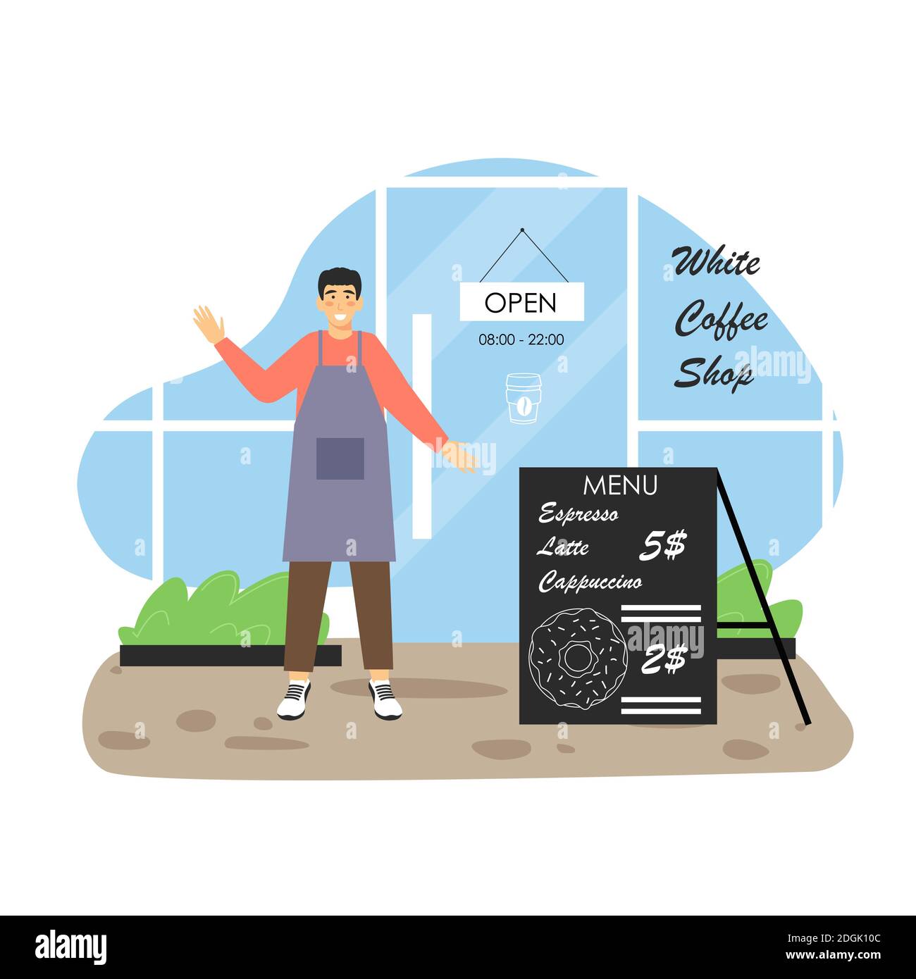 Coffee shop scene. Menu board, barista standing at cafe entrance with ...