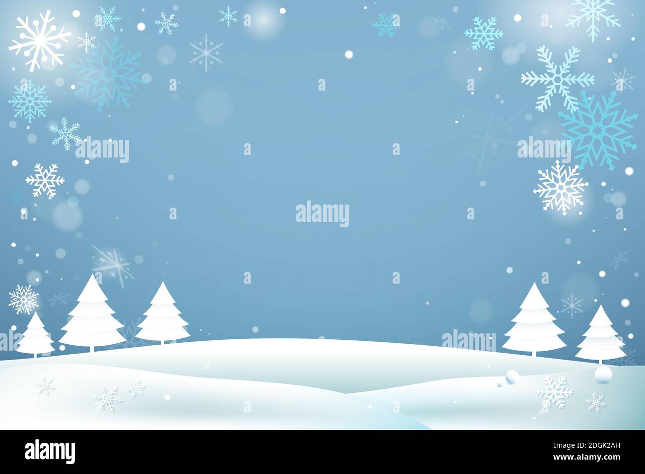 Winter snow background with Christmas trees, snowflakes and empty space ...