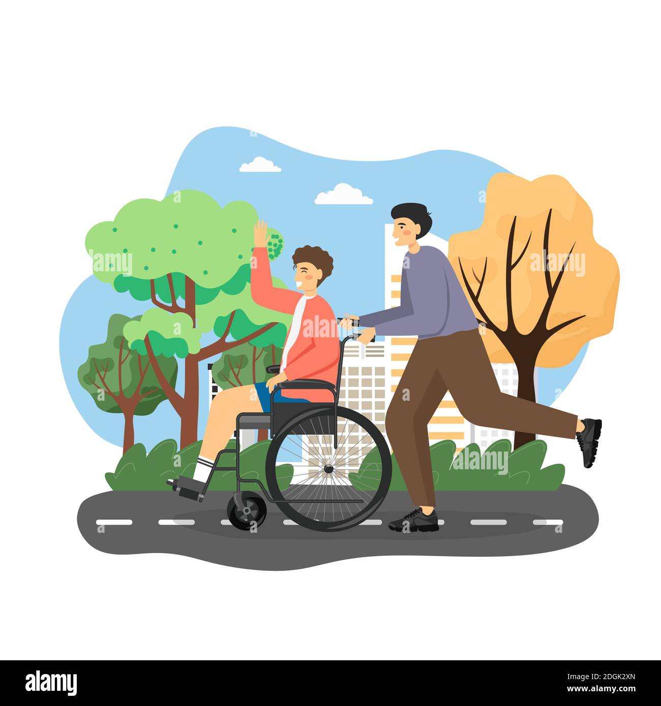 Disabled man using wheelchair enjoying walk in city park with his ...