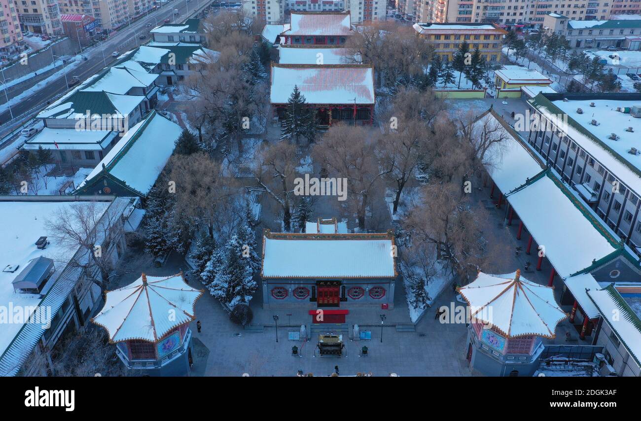 An aerial view of Jile Temple after snow in Harbin city, northeast ...