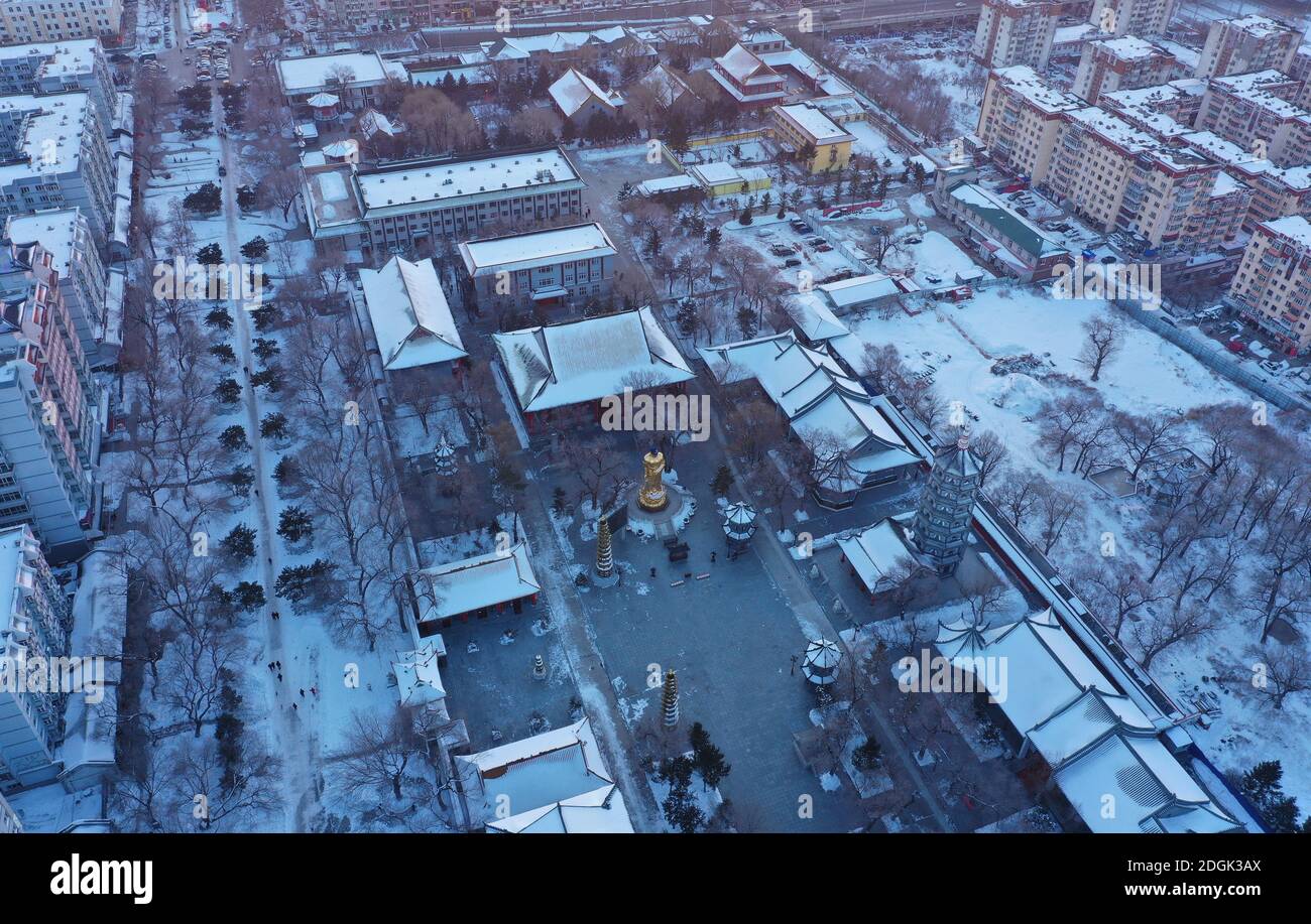 An aerial view of Jile Temple after snow in Harbin city, northeast ...