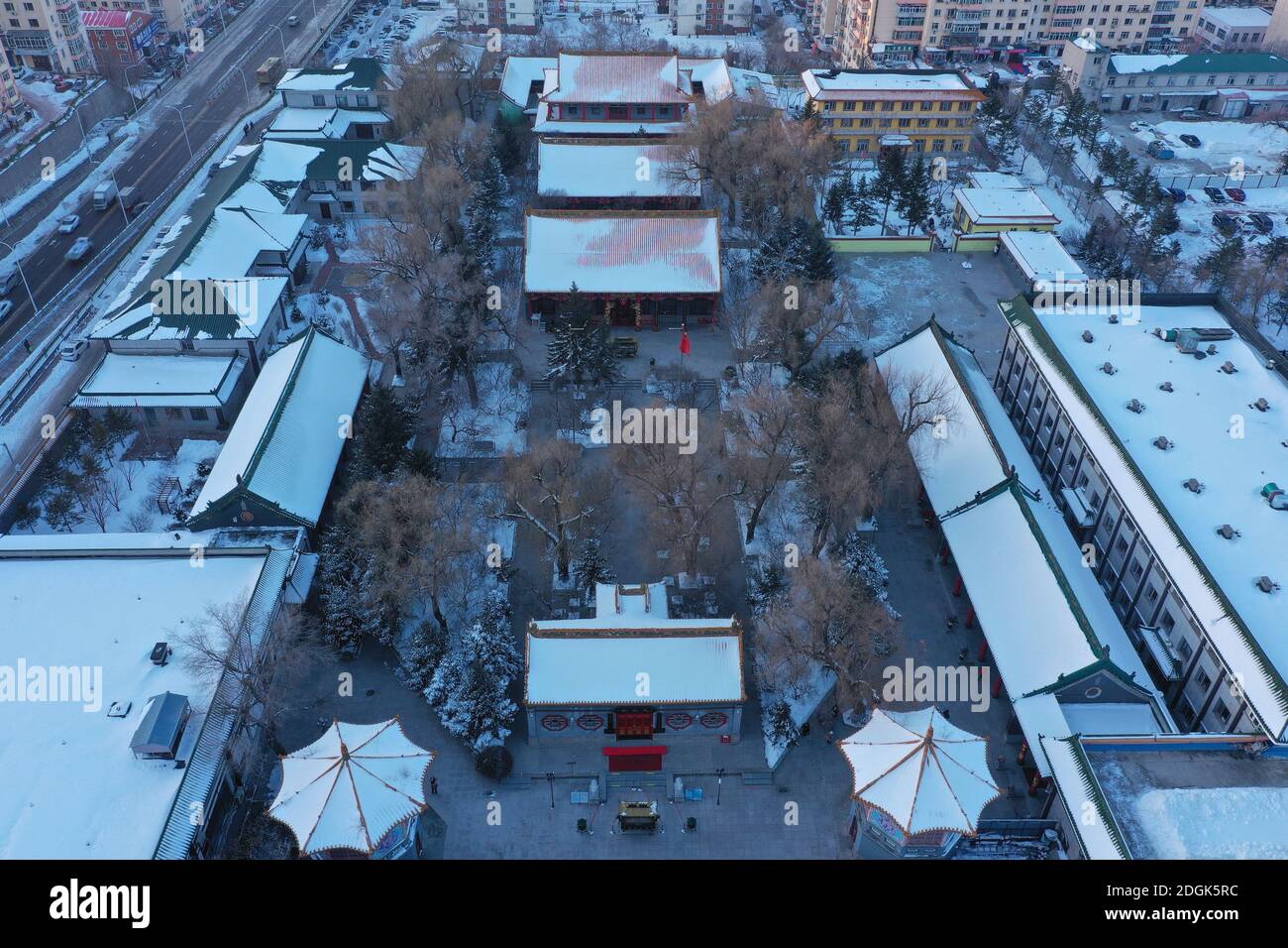 An aerial view of Jile Temple after snow in Harbin city, northeast ...