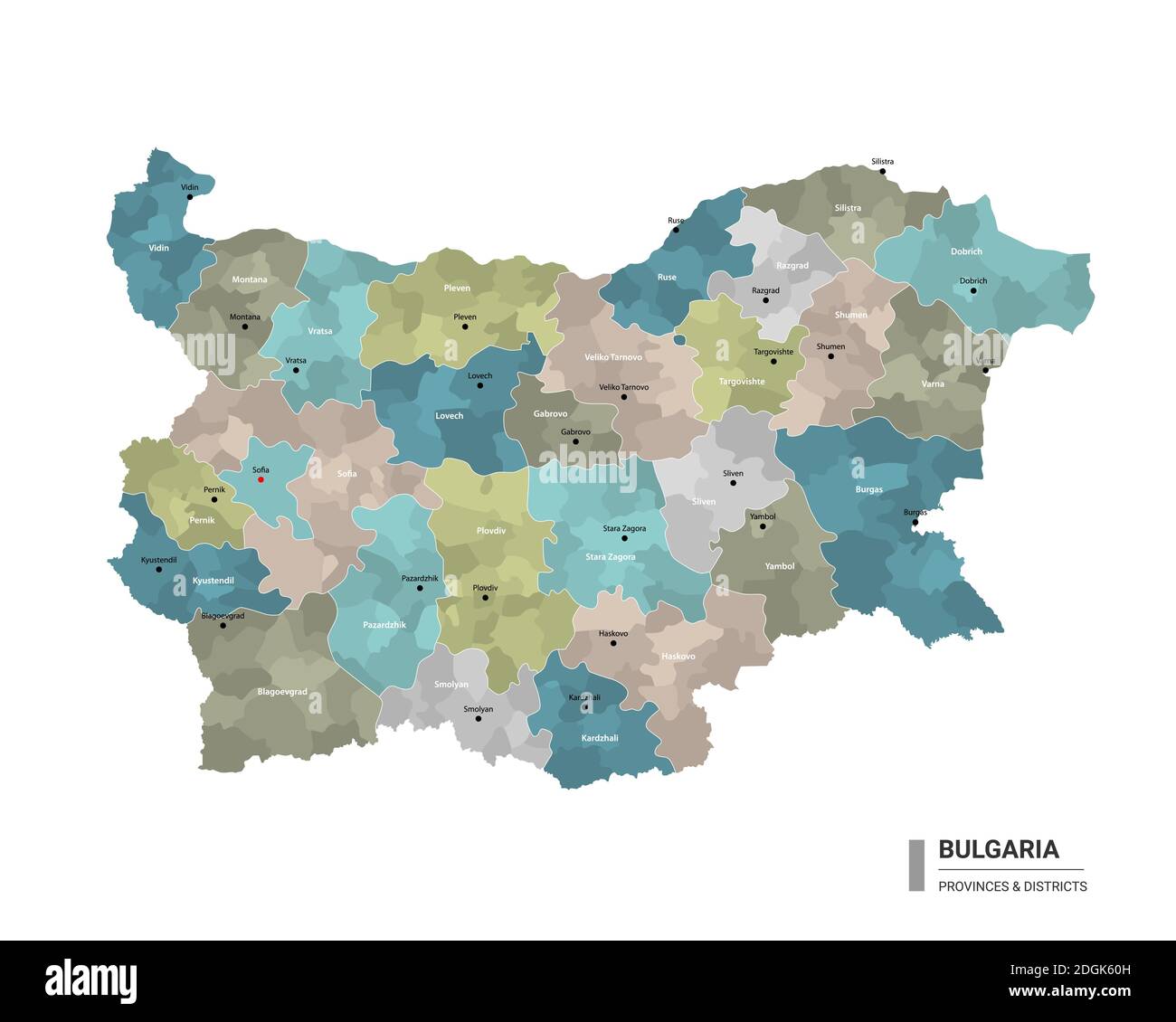 Bulgaria higt detailed map with subdivisions. Administrative map of Bulgaria with districts and ...