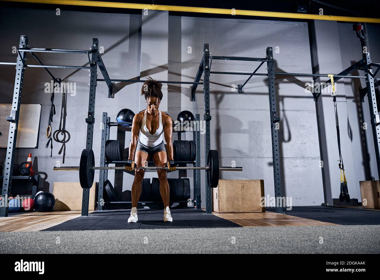 Fit dark-haired woman performing a weight-lifting exercise Stock Photo ...