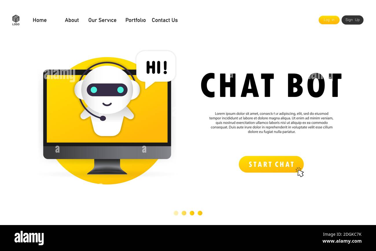 Chatbot in computer illustration. Online assistant bot landing page ...