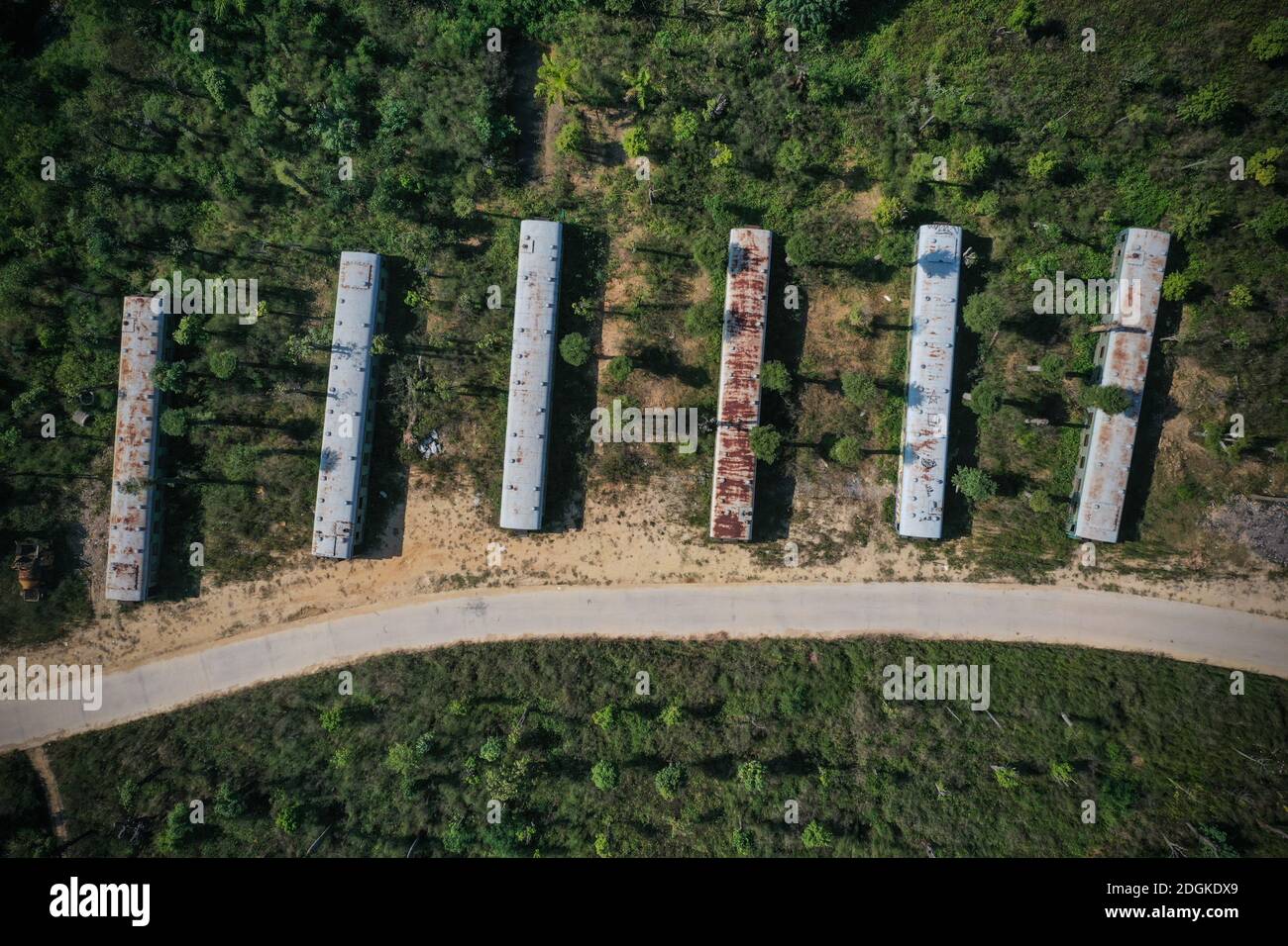 There are piles of abandoned green-skinned trains on the train ...