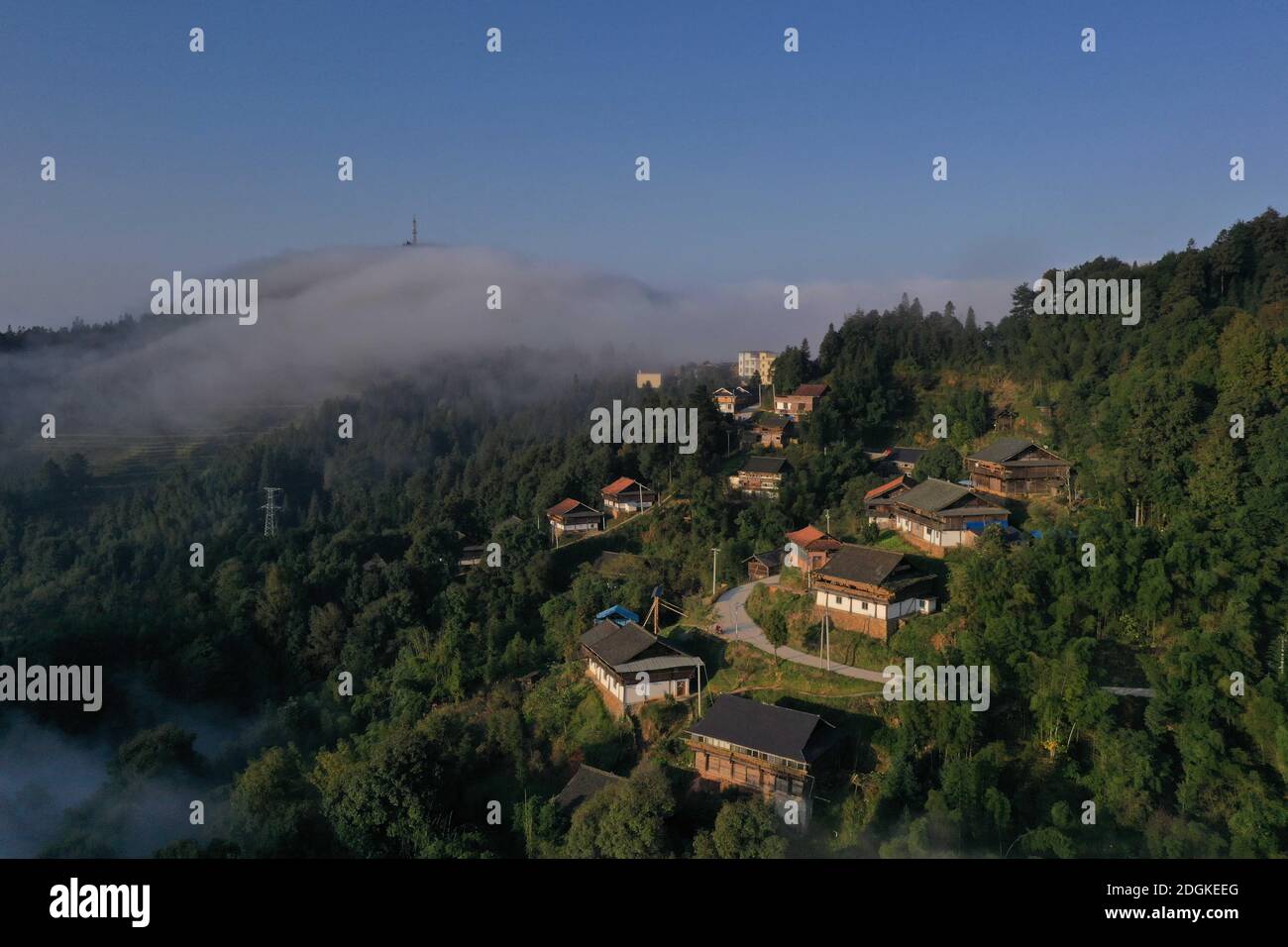 An aerial view of the sea of clouds at Swan Mountain in Gaozeng ...