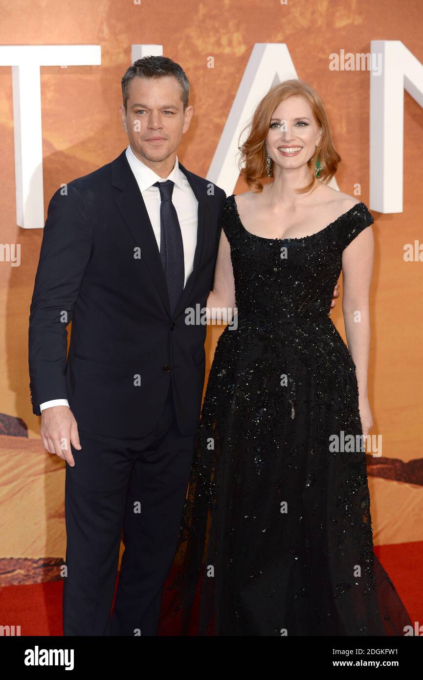 Matt Damon and Jessica Chastain attending The Martian European Premiere ...