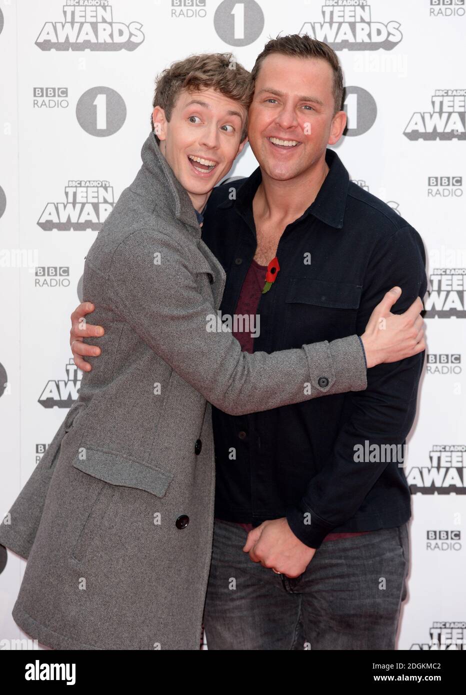 Matt Edmondson (left) and Scott Mills arriving for the BBC Radio 1 Teen Awards, Wembley Arena ...