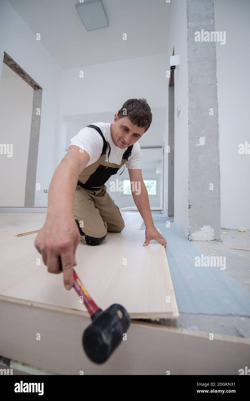 Professional Worker Installing New Laminated Wooden Floor Stock Photo ...