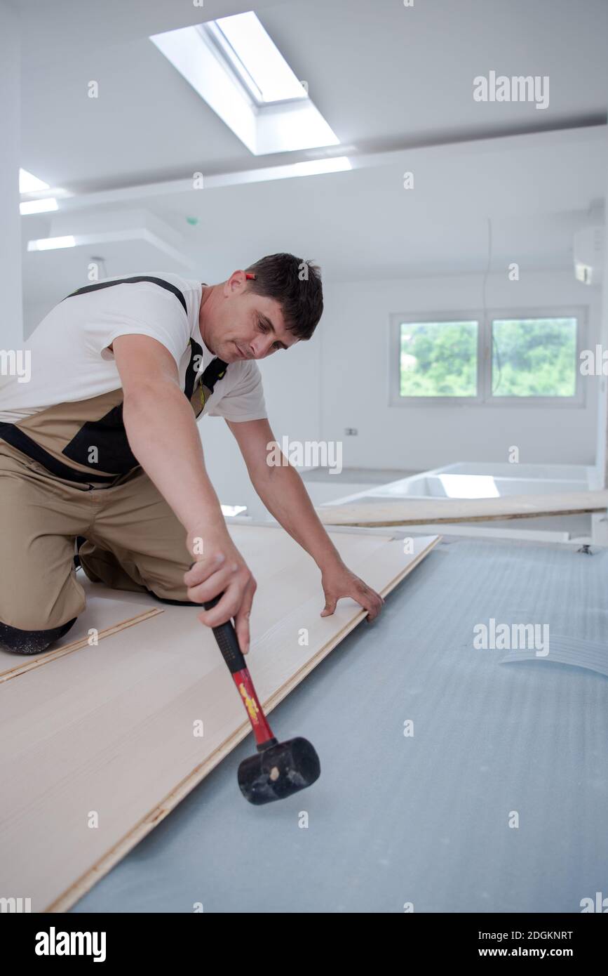 Professional Worker Installing New Laminated Wooden Floor Stock Photo ...