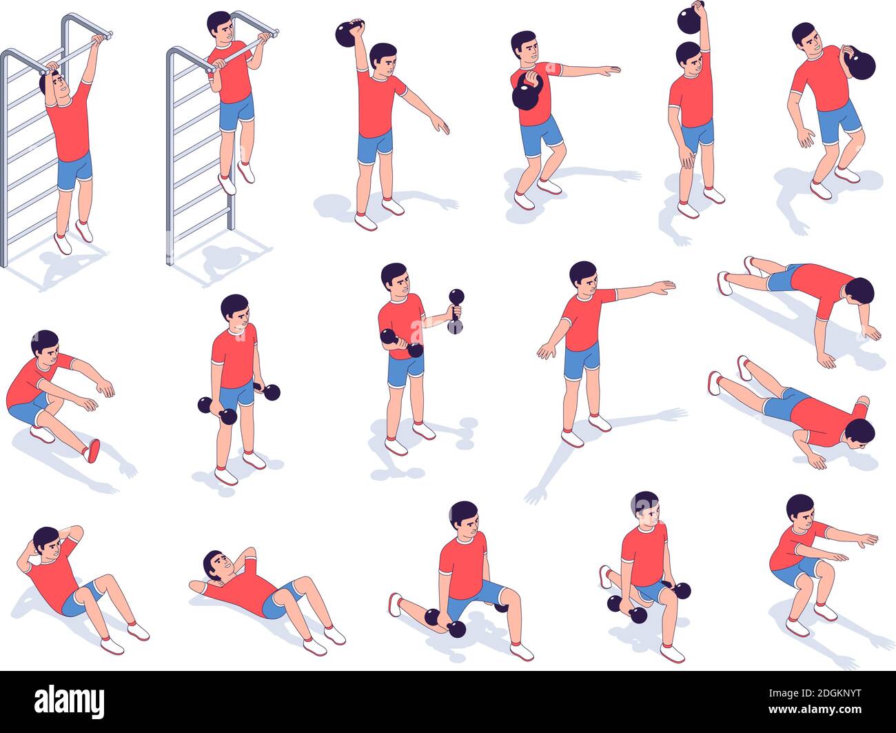 Workout exercise set for men - vector isometric illustration Stock ...