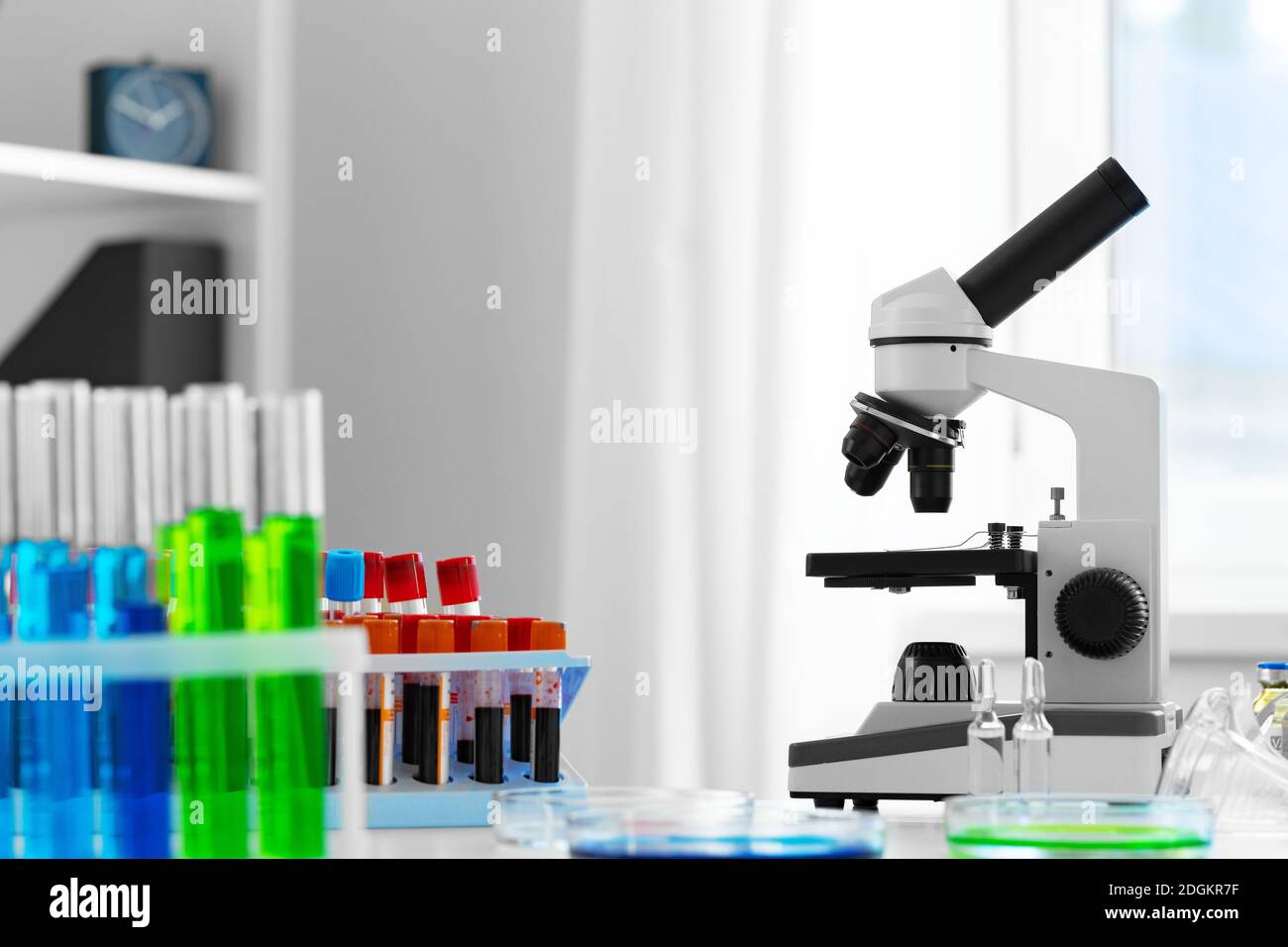Scientific healthcare research background with microscope in medical ...
