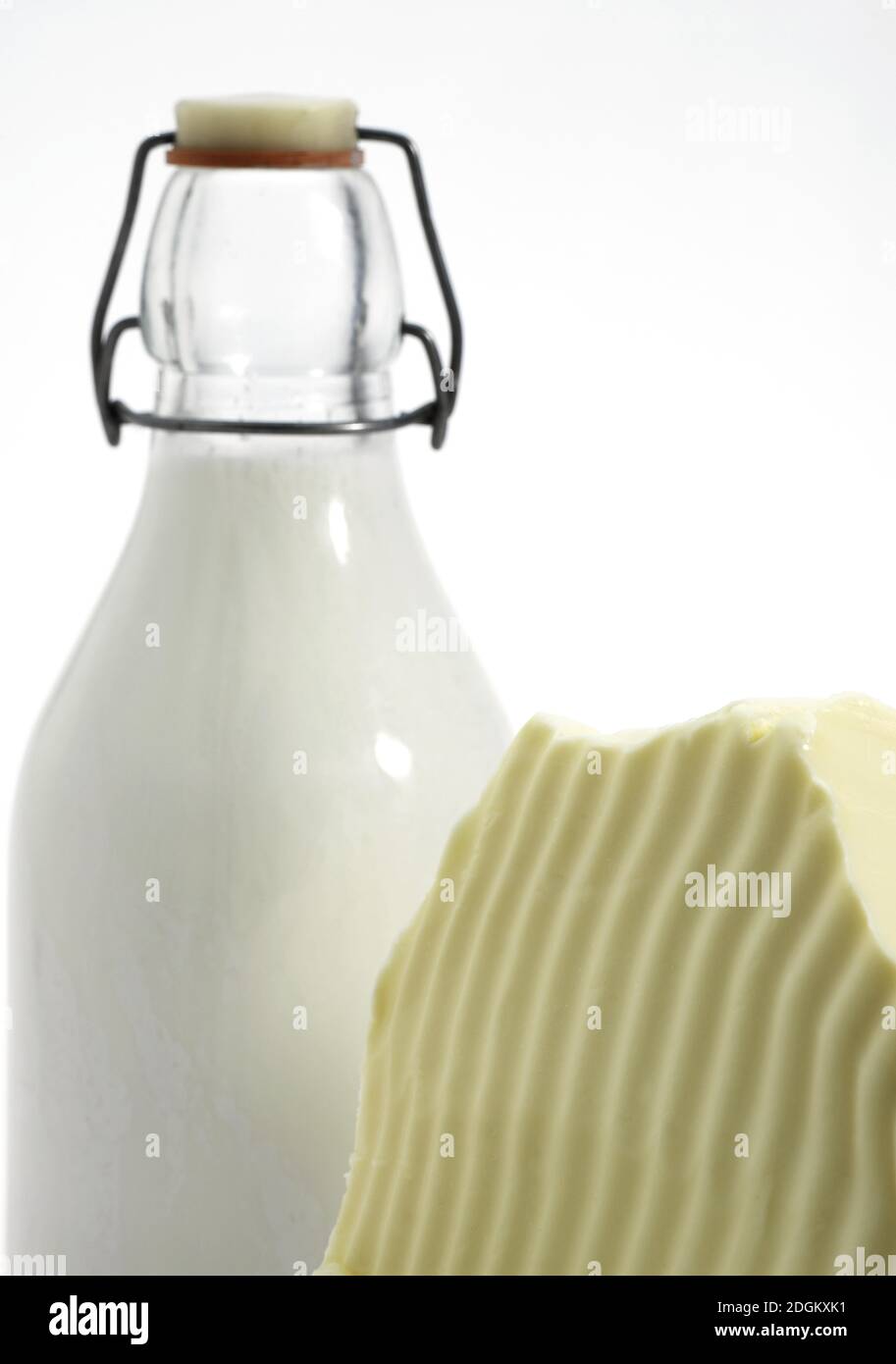 Milk Based Products, Butter and Bottle of Milk Stock Photo - Alamy