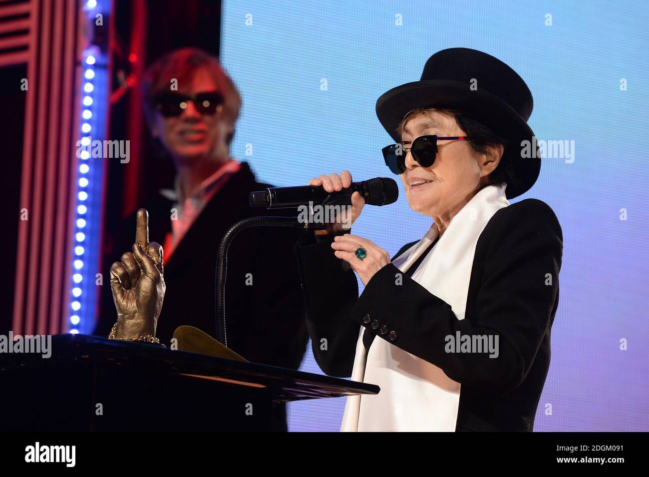 Yoko Ono collects the NME Inspiration Award on stage during the NME ...