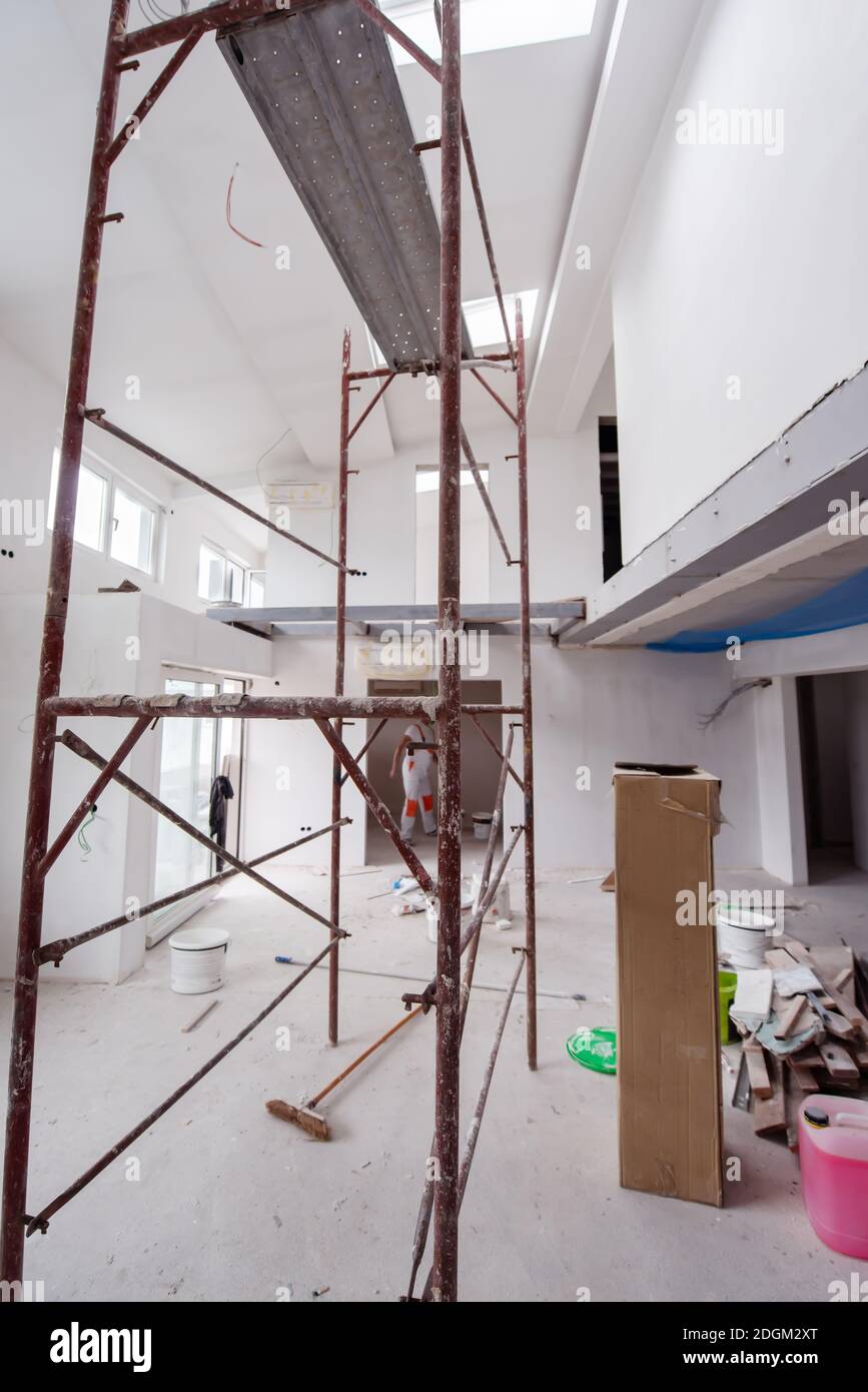 Interior of construction site with scaffolding Stock Photo - Alamy