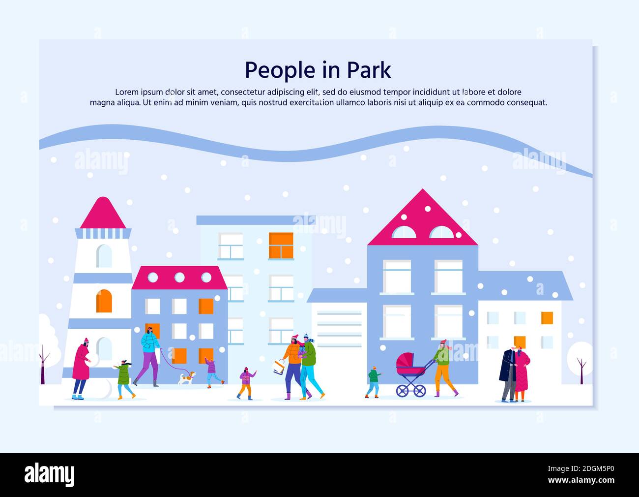 Landing page template with people walk in winter city park, parents ...
