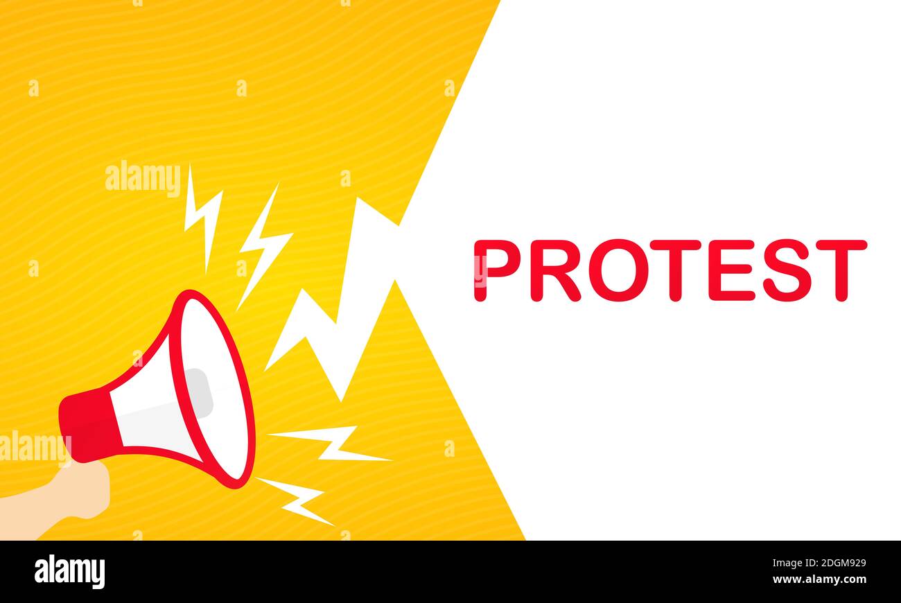 Hand holding megaphone with Protest text banner. Announcement ...