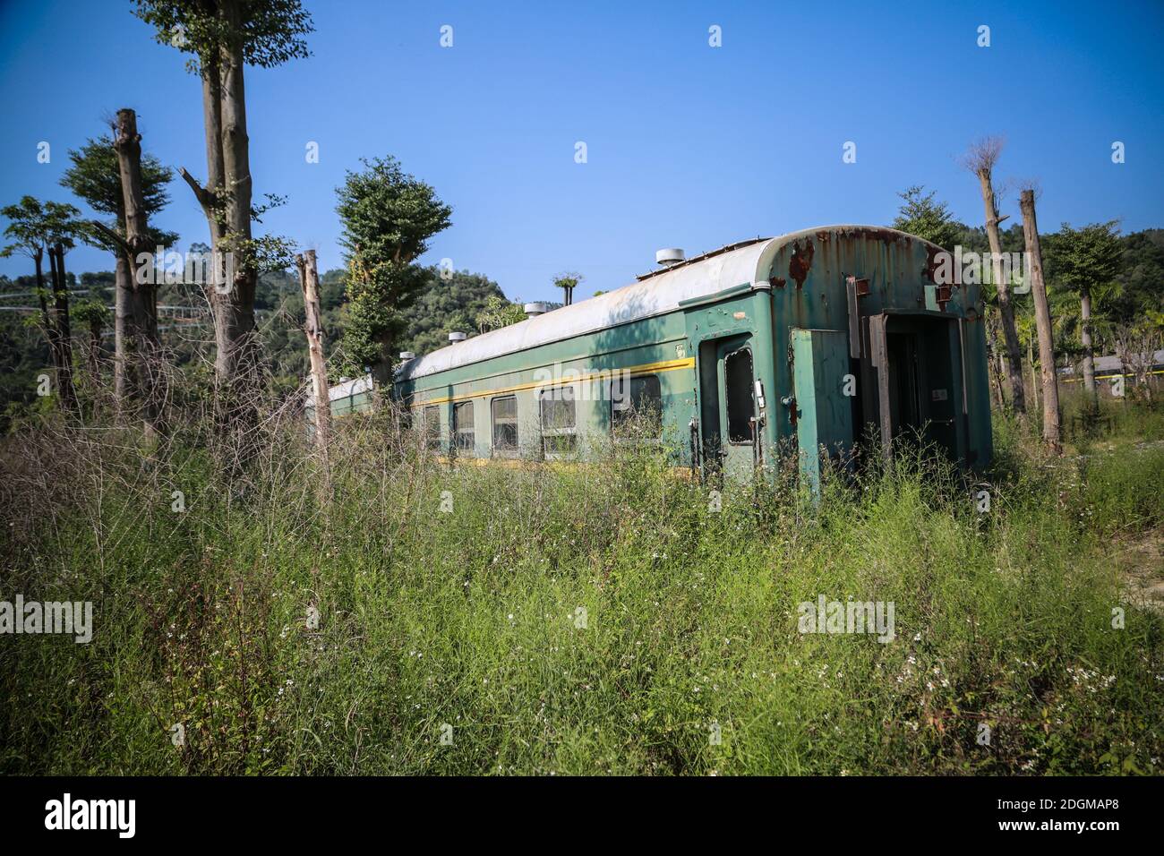 There are piles of abandoned green-skinned trains on the train ...