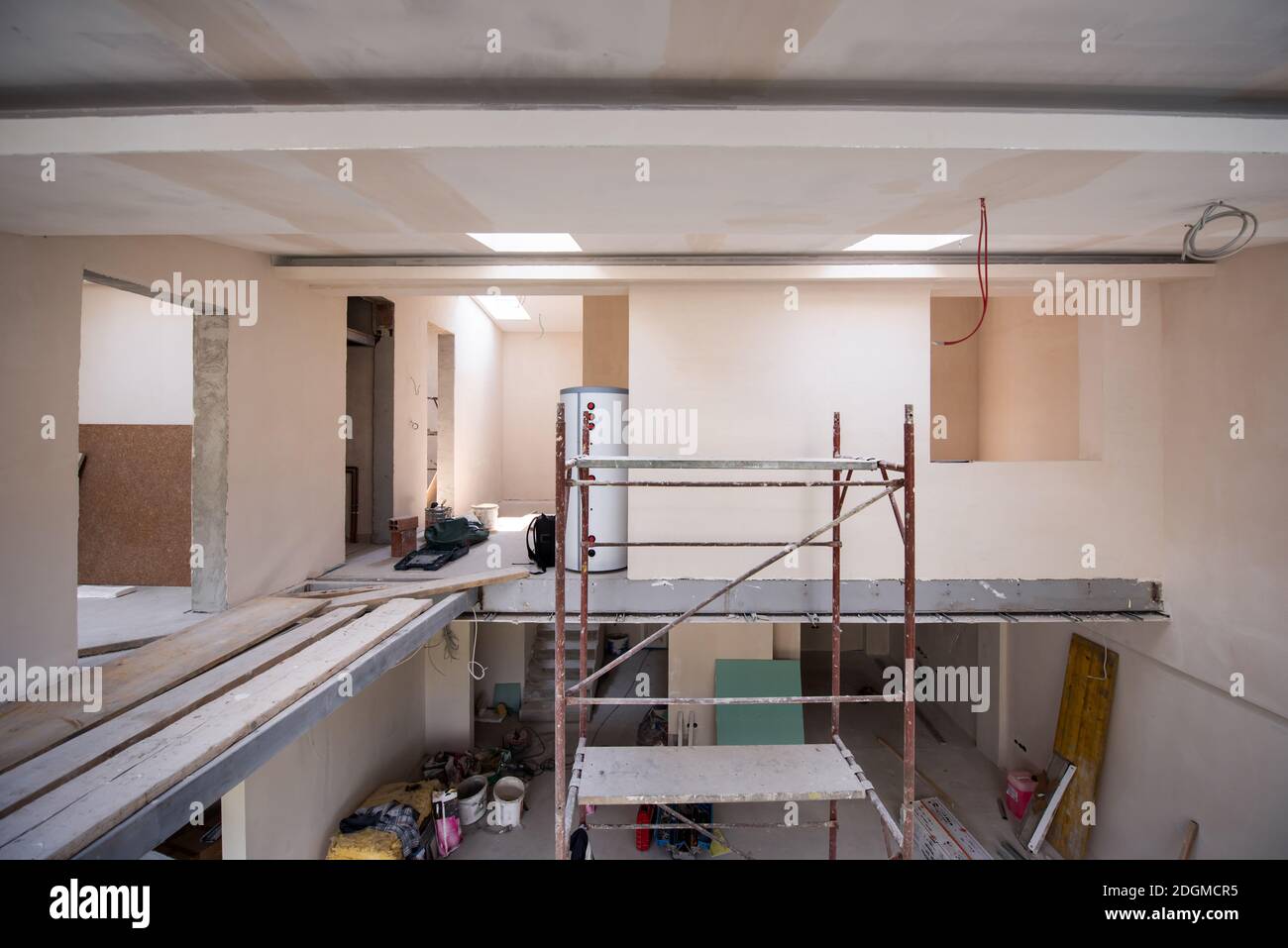Interior of construction site with scaffolding Stock Photo - Alamy