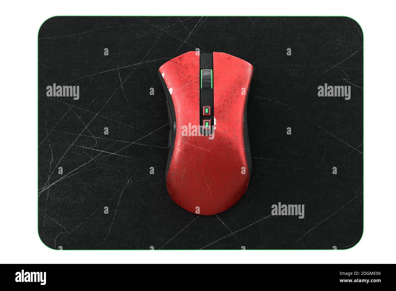 Used metal red gaming mouse with scratches on professional pad isolated ...