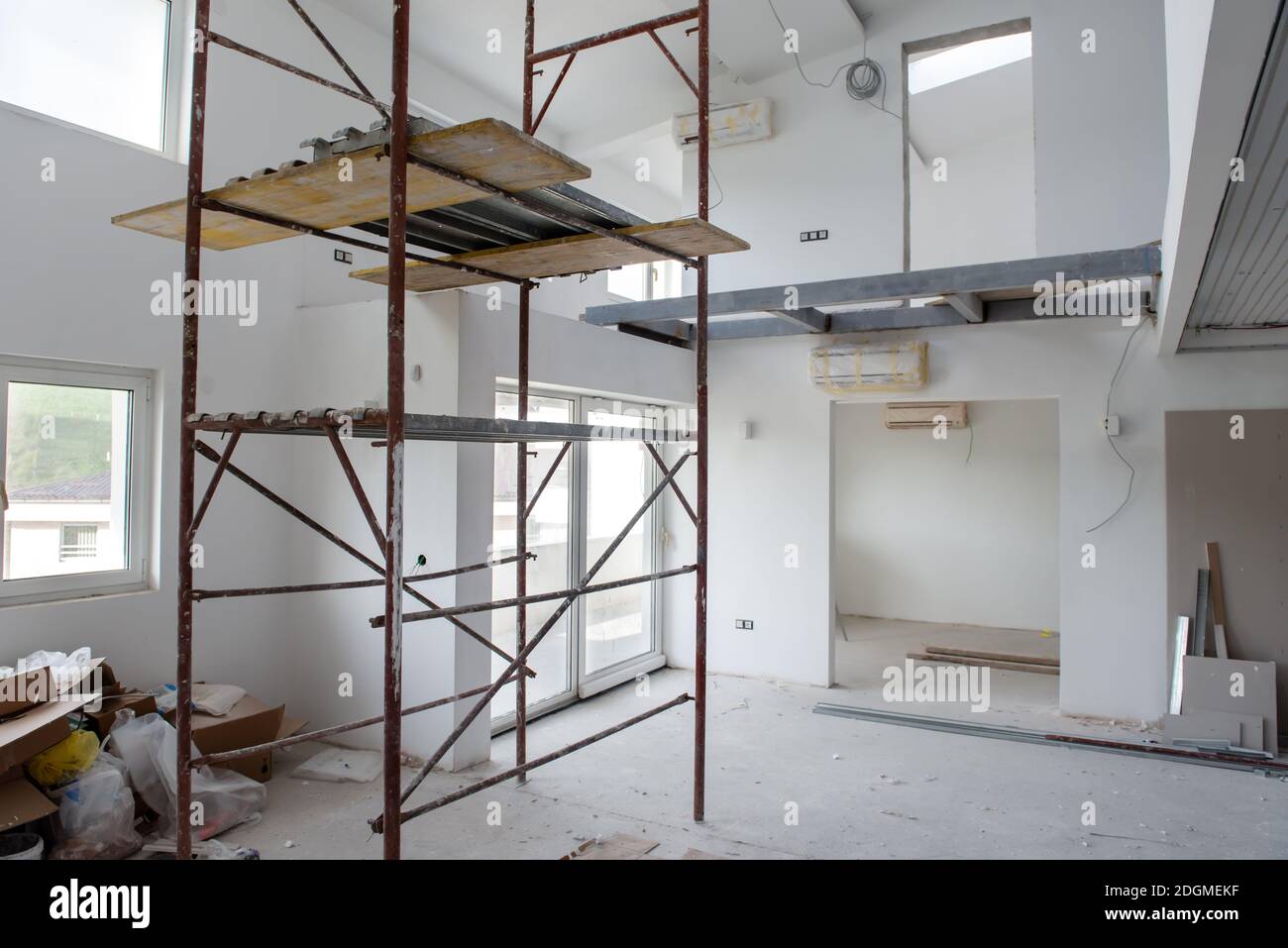 Interior of construction site with scaffolding Stock Photo - Alamy