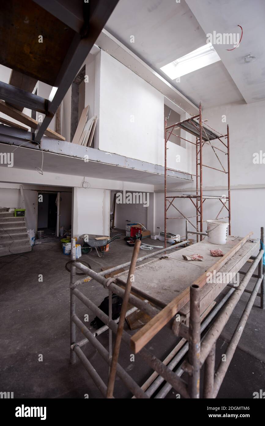 Interior of construction site with scaffolding Stock Photo - Alamy