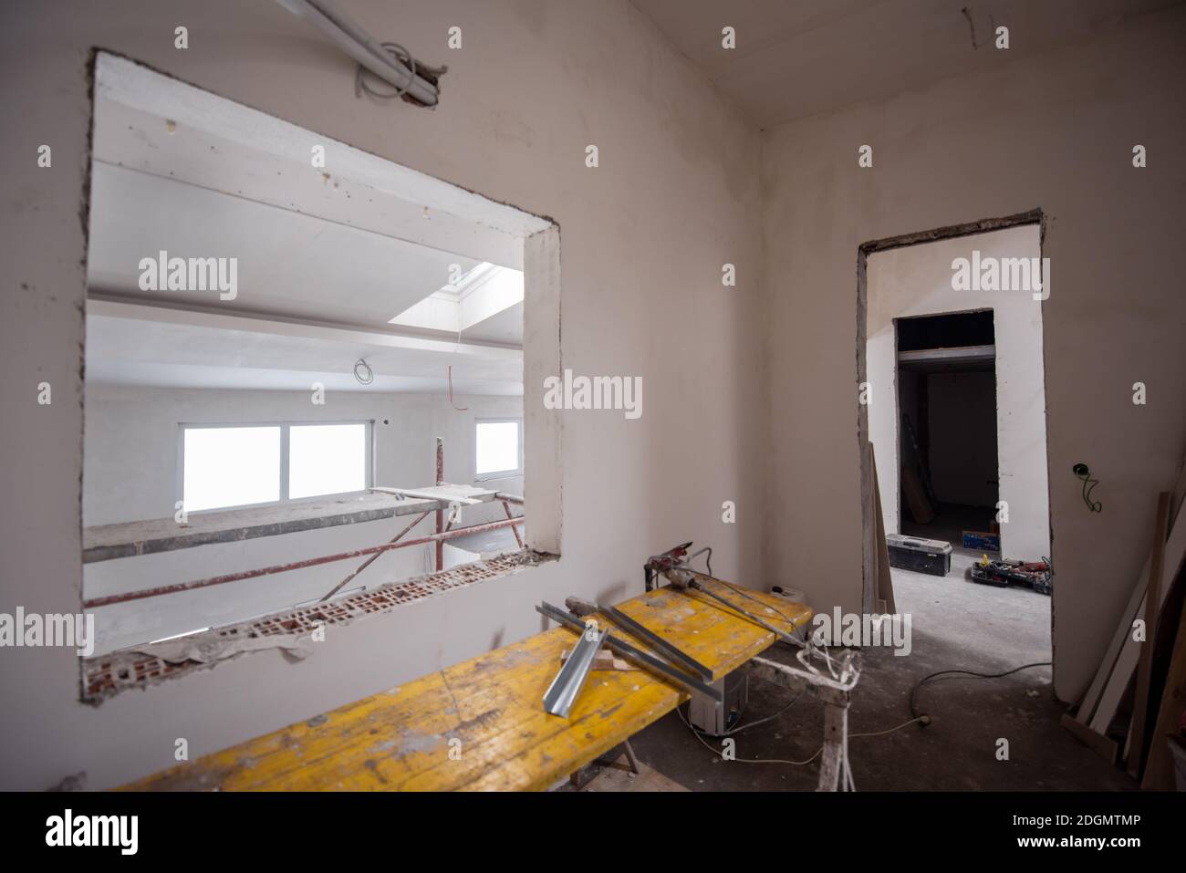 Interior of construction site with scaffolding Stock Photo - Alamy