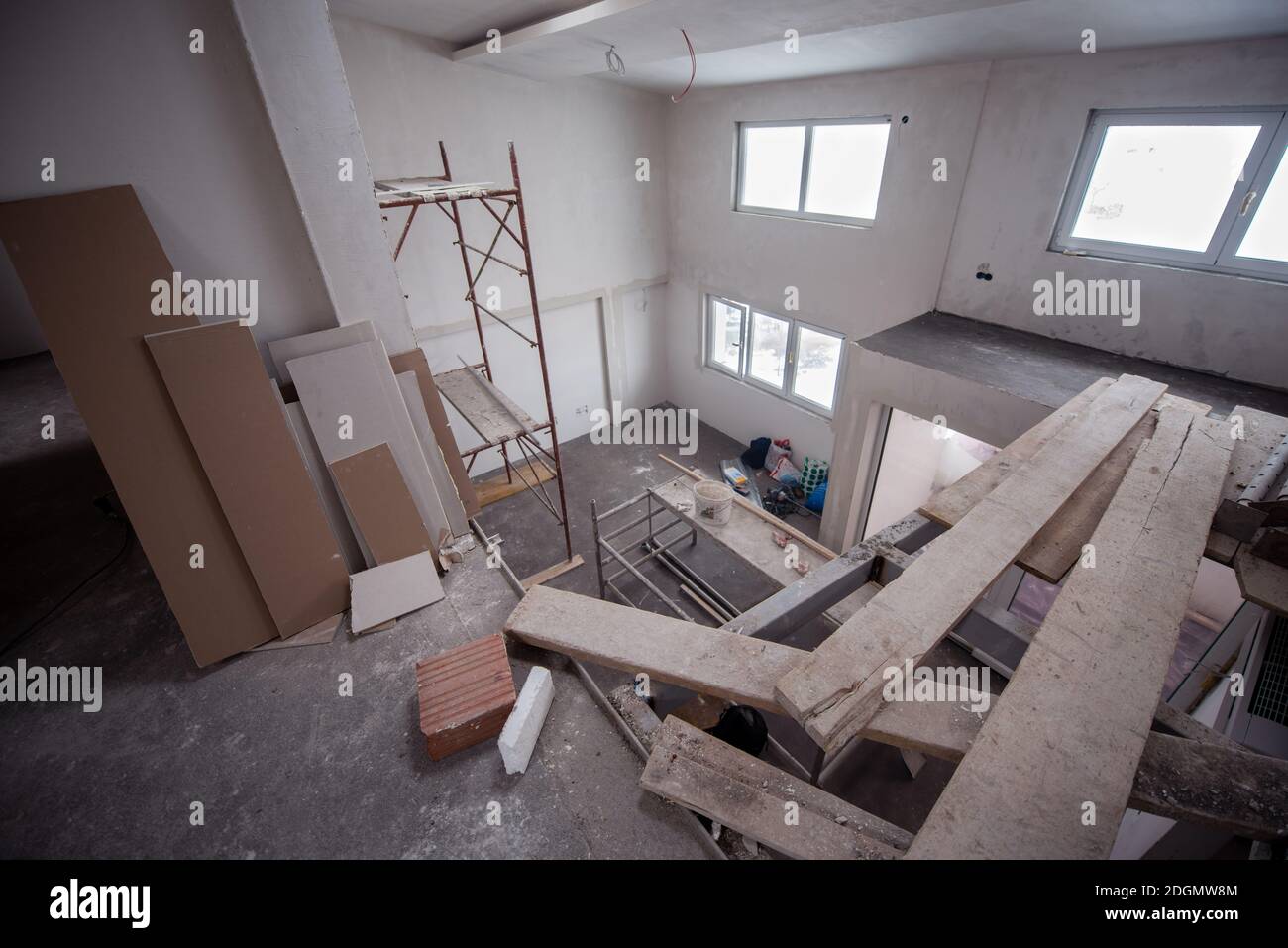 Interior of construction site with scaffolding Stock Photo - Alamy