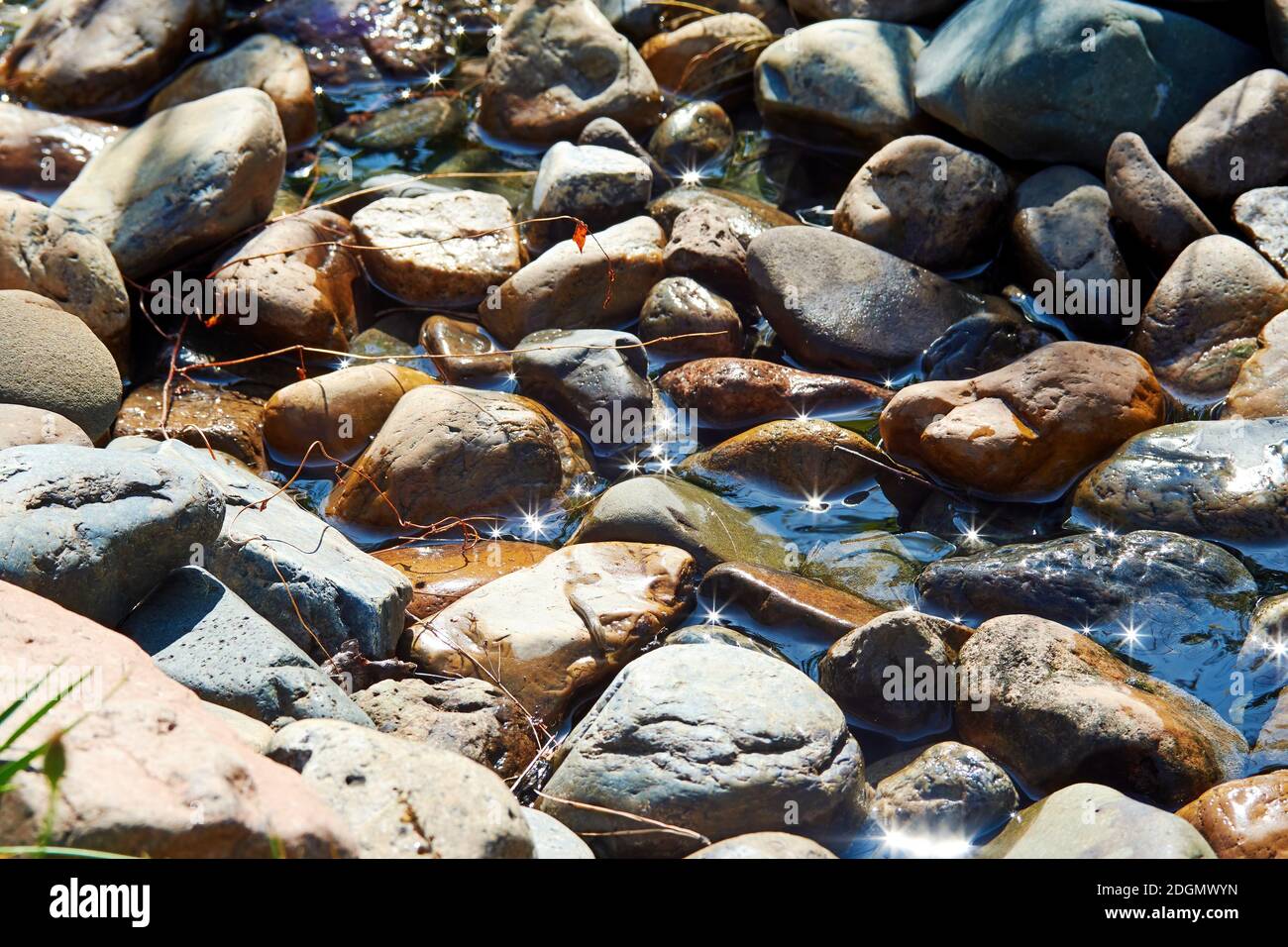 Springwater flow on the small pebbles on a sunny day with bright ...