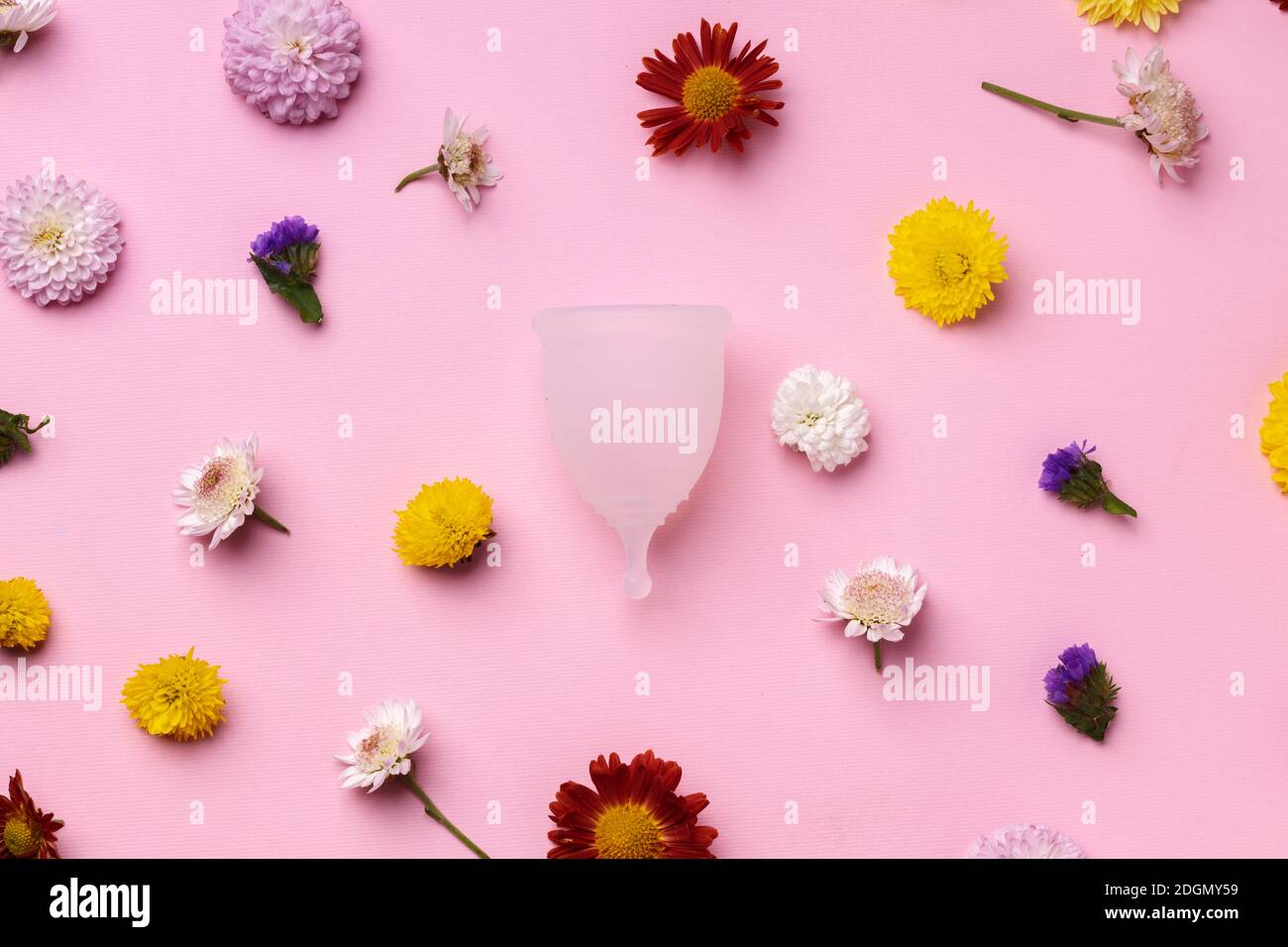Menstrual cup on floral pattern background top view Stock Photo - Alamy