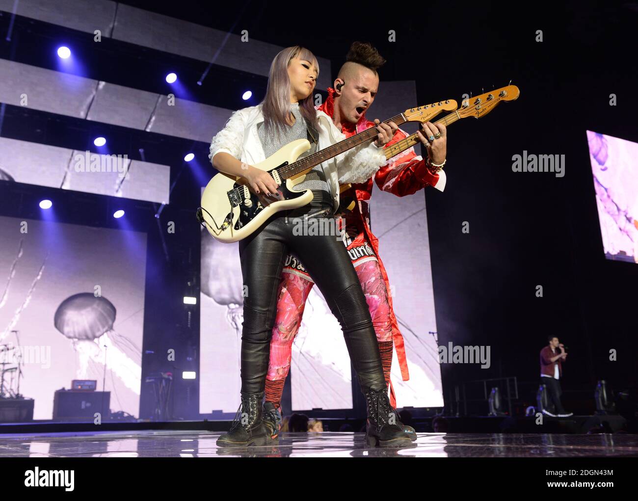 JinJoo Lee and Cole Whittle of DNCE on stage at the Capital FM Jingle ...