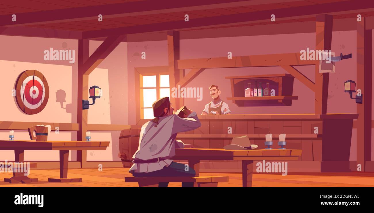 Man in beer pub, retro tavern or antique bar interior with barista ...