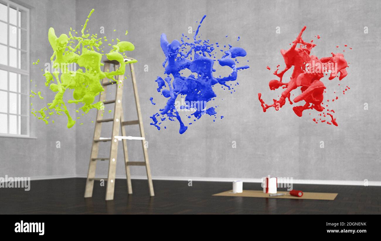 Blank renovate living room with ladder and color splash buckets - 3D ...