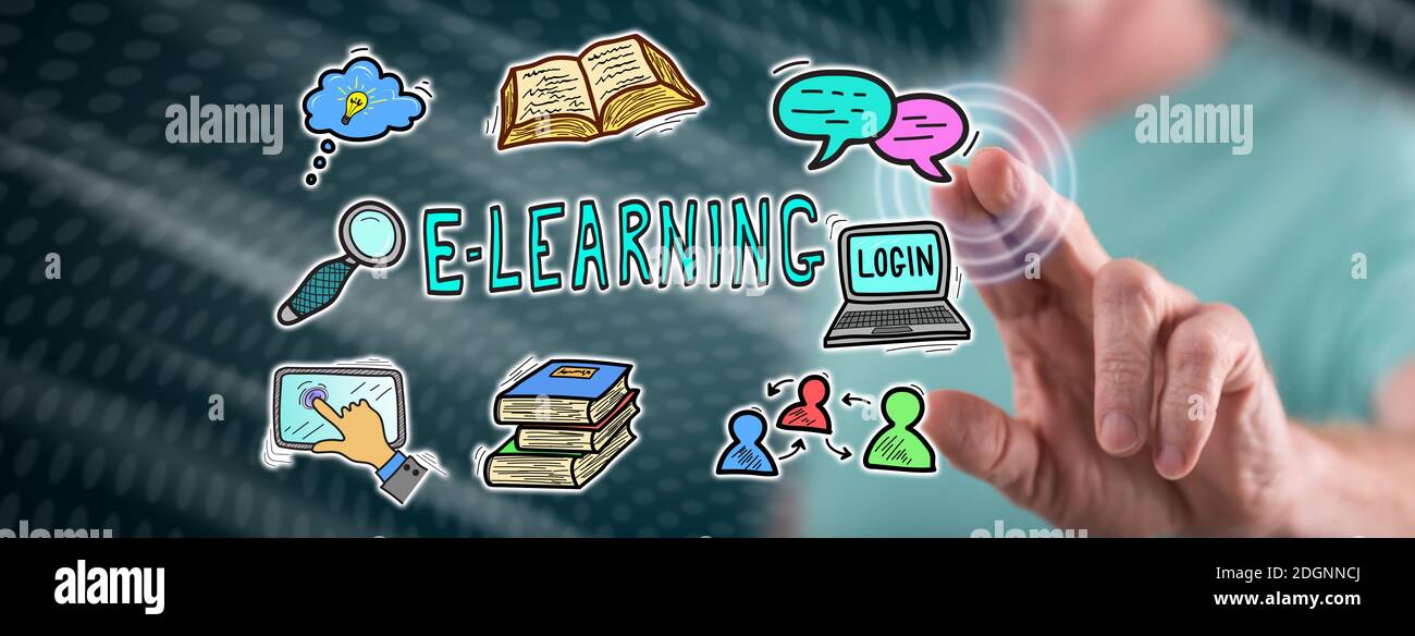 Man touching an e-learning concept on a touch screen with his finger ...