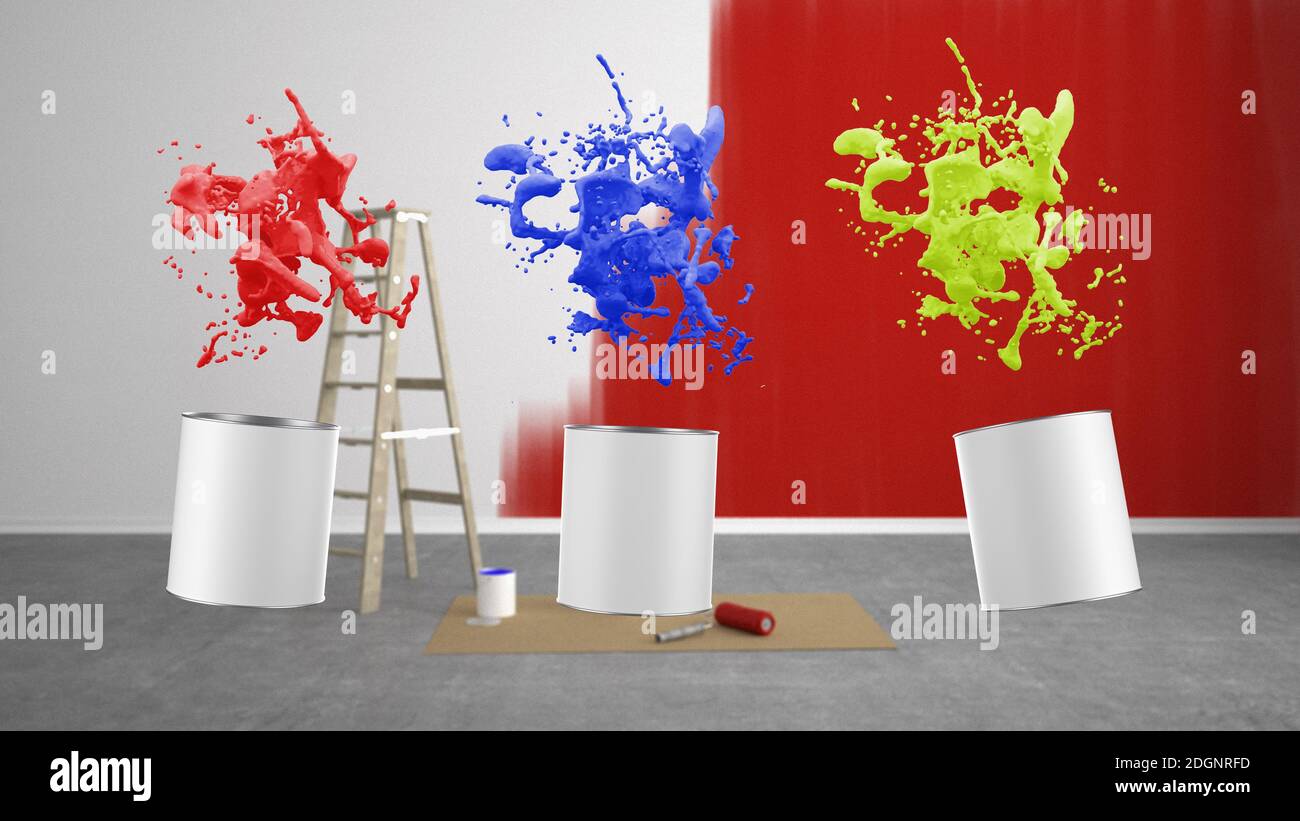 Blank renovate living room with ladder and color splash buckets - 3D ...